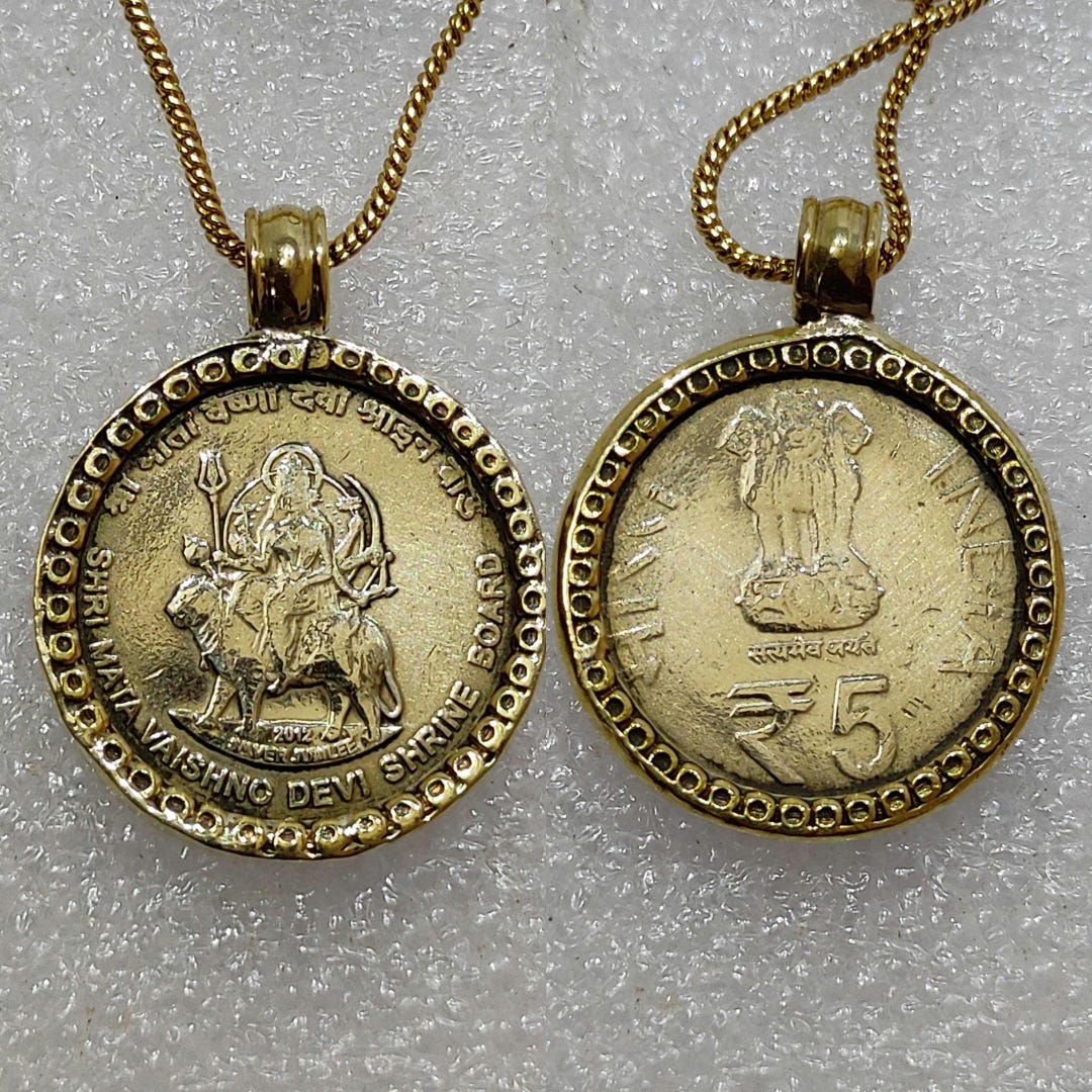 Handmade Yellow Brass Maa Vaishno Devi Coin Pendant - Hindu Necklace ...