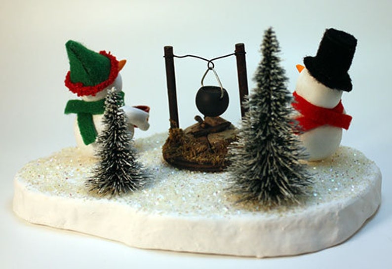 Mini Snowmen Drinking Hot Chocolate, Christmas Decor, Original Handmade ...