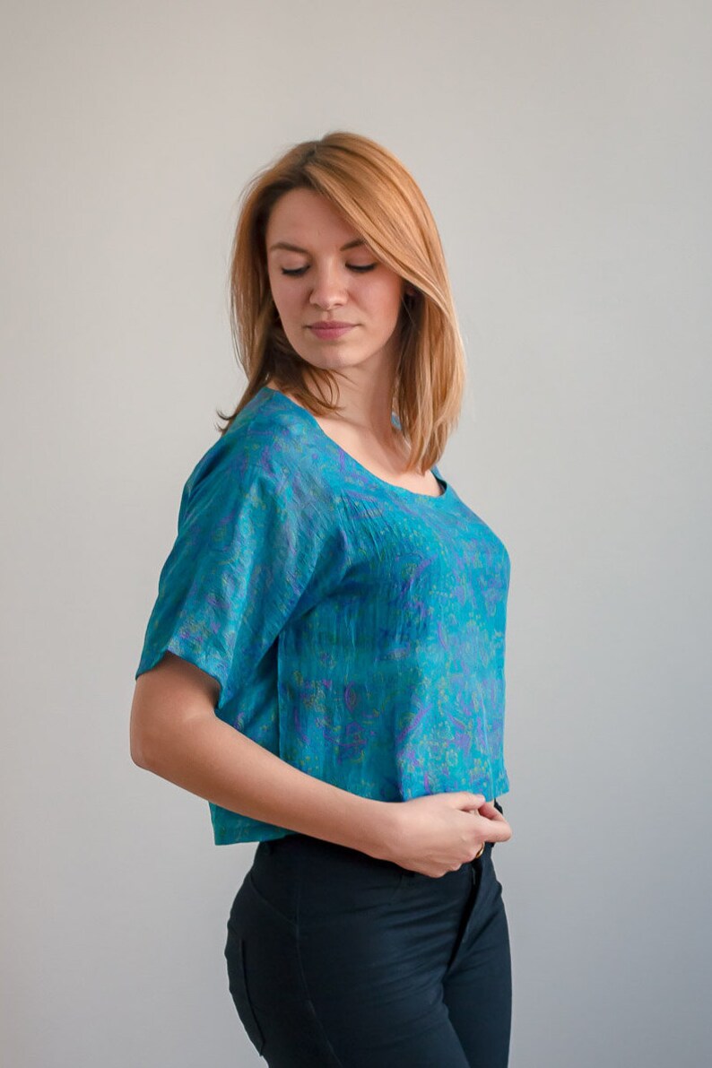 Crop-Top Upcycled Repurposed Seda India Saree Teal Turquesa Grande ...