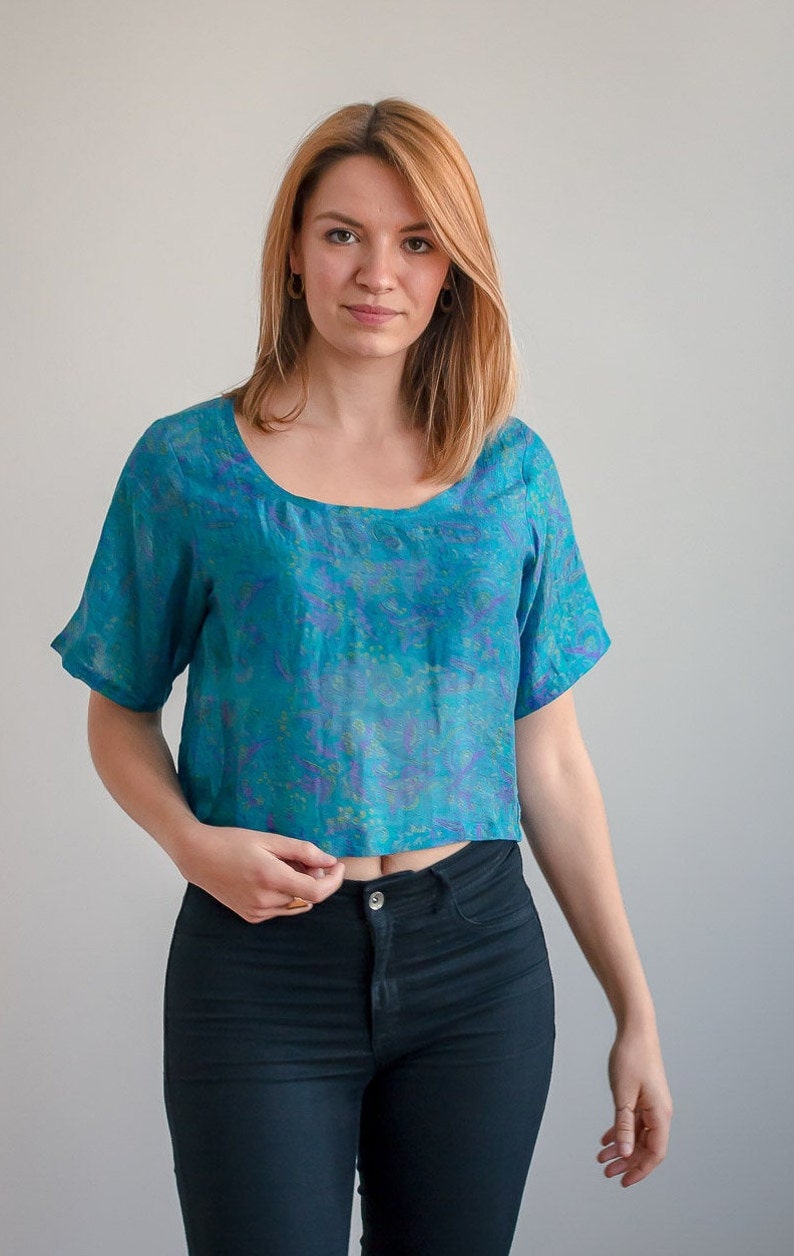 Crop-Top Upcycled Repurposed Seda India Saree Teal Turquesa Grande ...