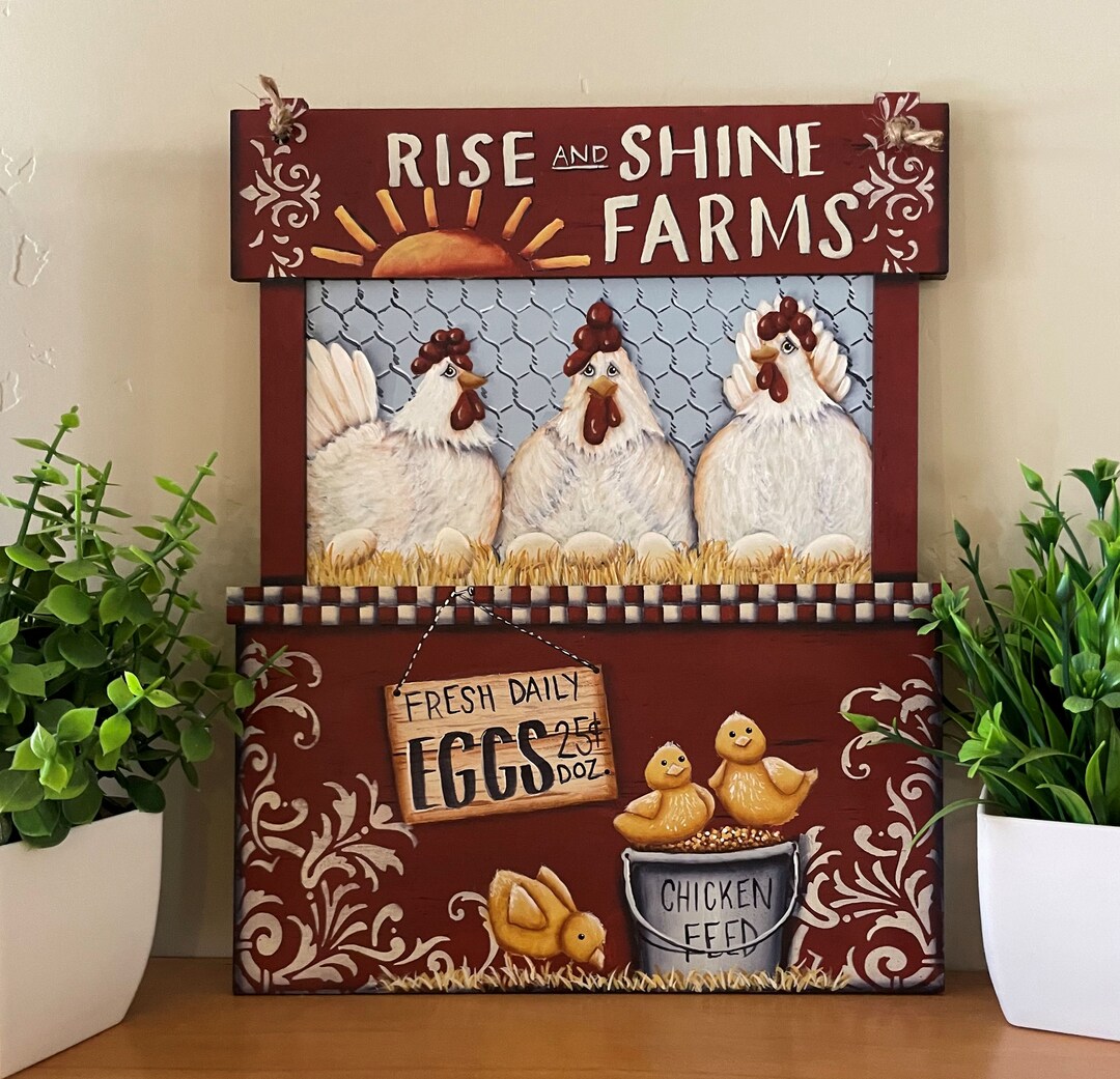 Hand Painted Chicken Décor. Rise and Shine Farms. 3 Chickens Setting on ...