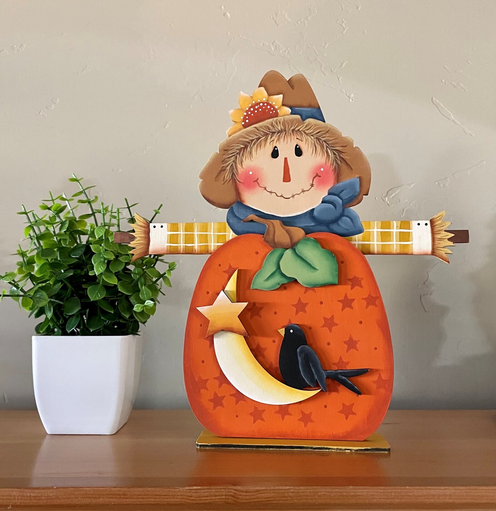 Hand Painted Fall Décor. Adorable Scarecrow With Pumpkin Blue - Etsy
