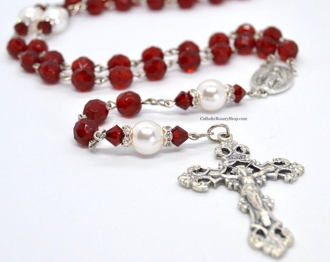 Pearl & Ruby Catholic Women's Rosary Handmade Heirloom Gift, Sterling ...