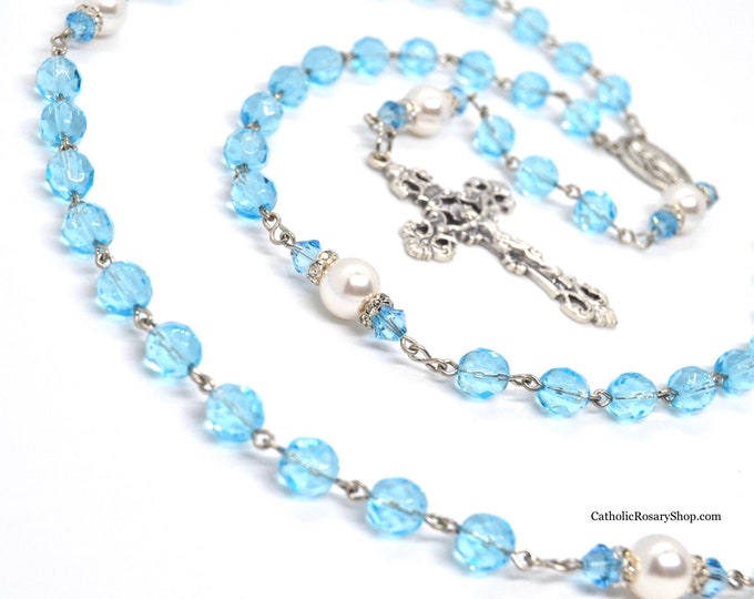 March Birthstone Rosary, Genuine Aquamarine Rosary, Blue Catholic ...