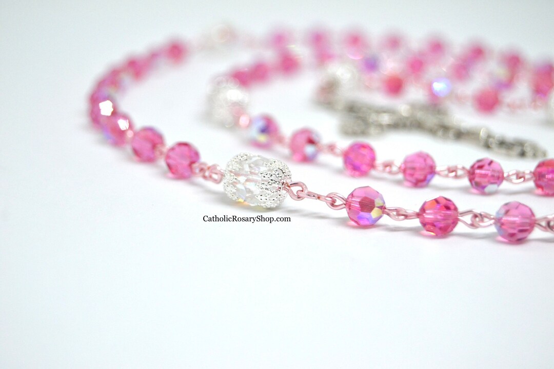 READY TO SHIP! Crystal Clear and Bright Pink Czech Glass Rosary on Pink ...