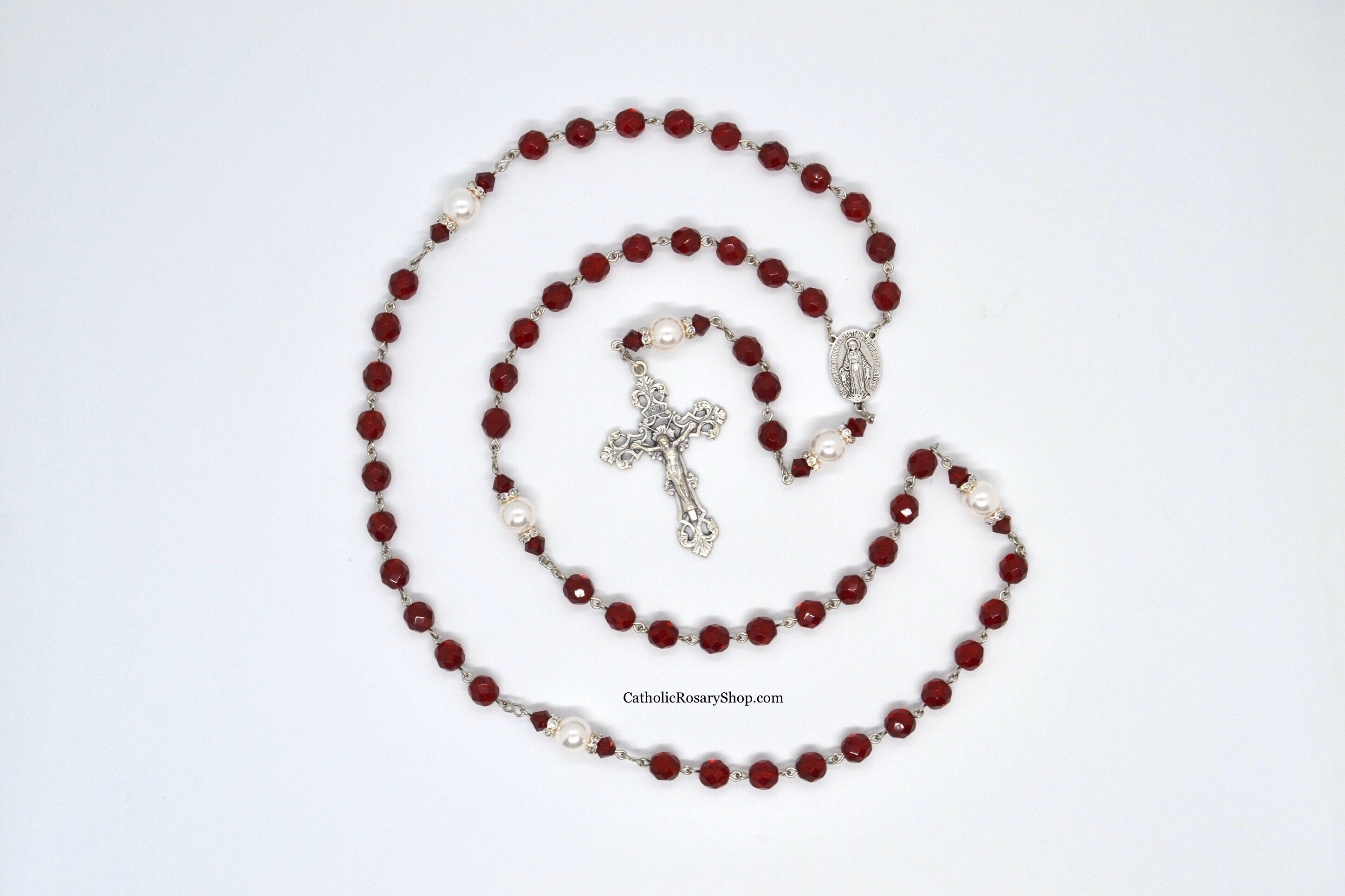 Personalized Ruby Genuine Crystal and Pearl Catholic Rosary | July ...