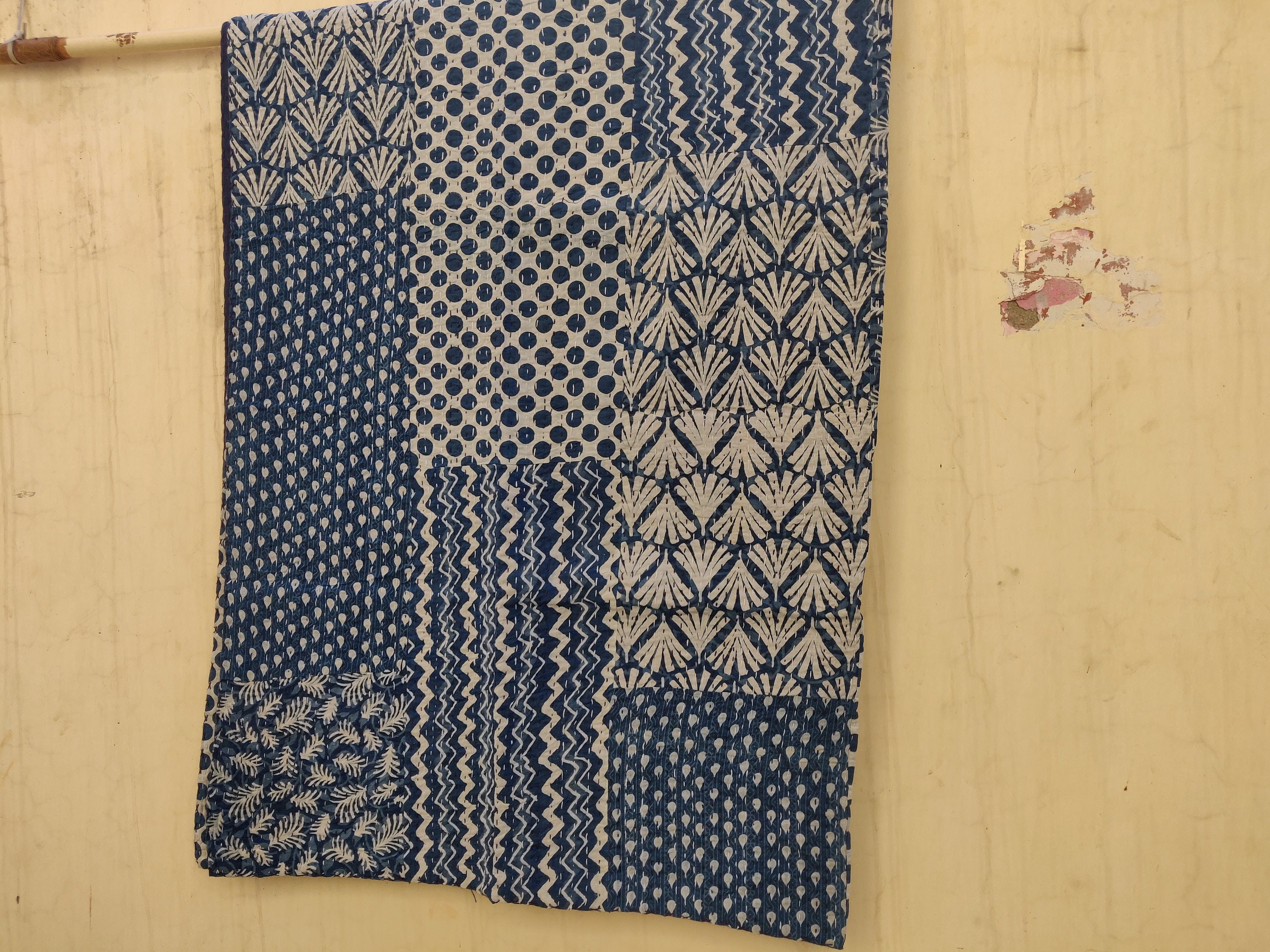 Hand made hand Block Print Blue kantha Quilt handmade kantha | Etsy