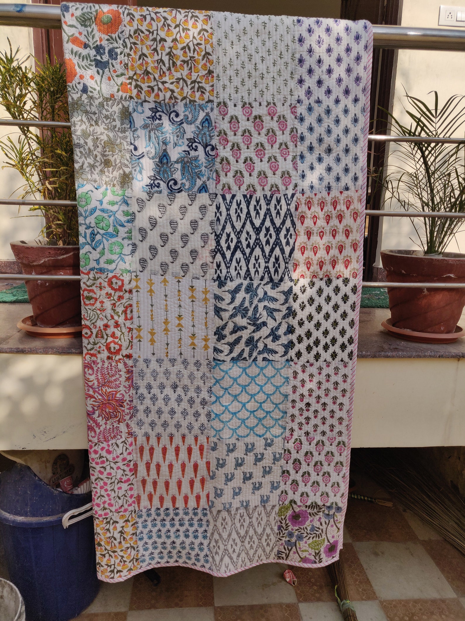 Hand Block Print Patchwork Quilted Bed Cover Twin Size Hand | Etsy