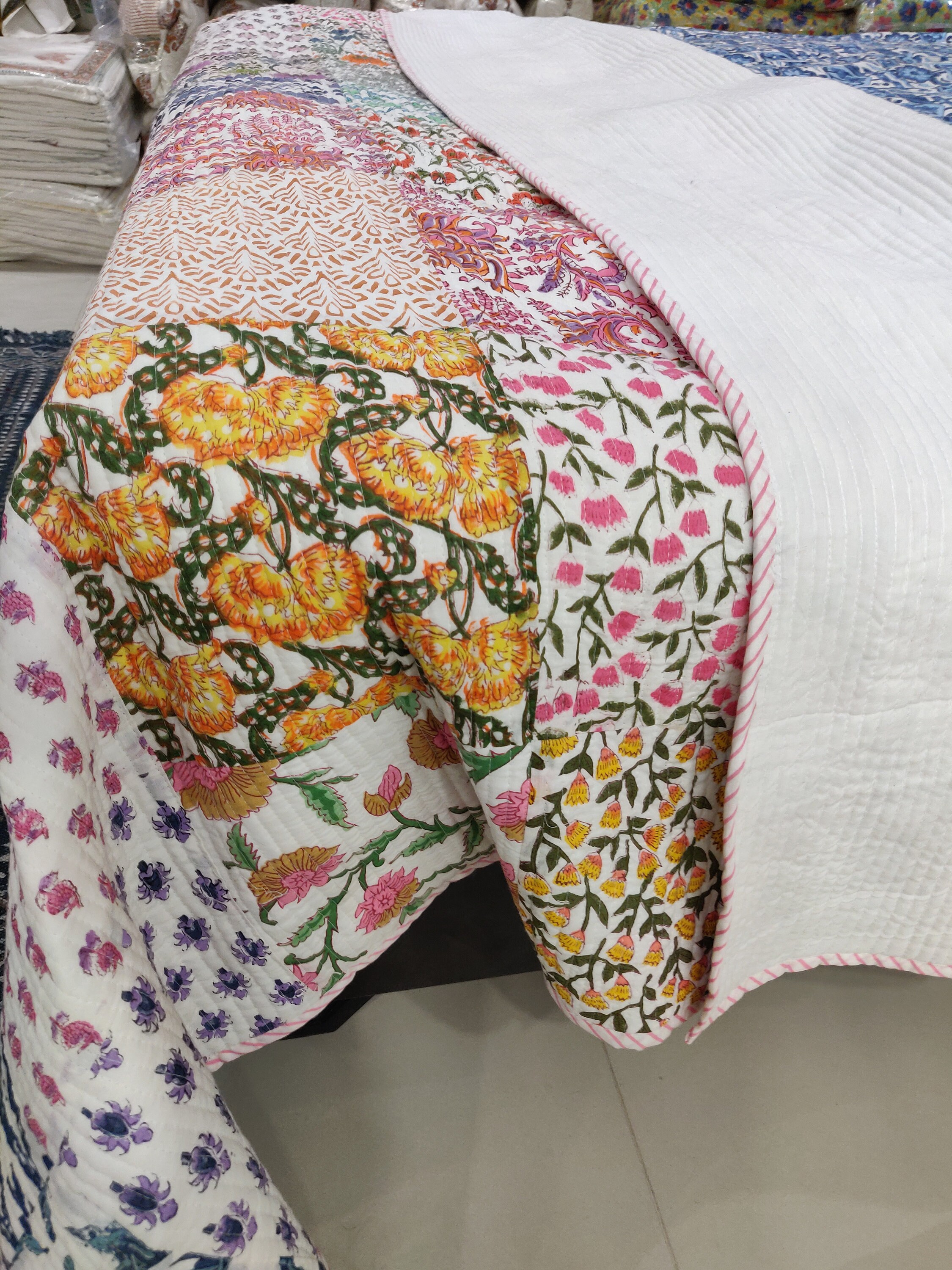 Hand Block Print Patchwork Quilted Bed Cover Twin Size Hand | Etsy