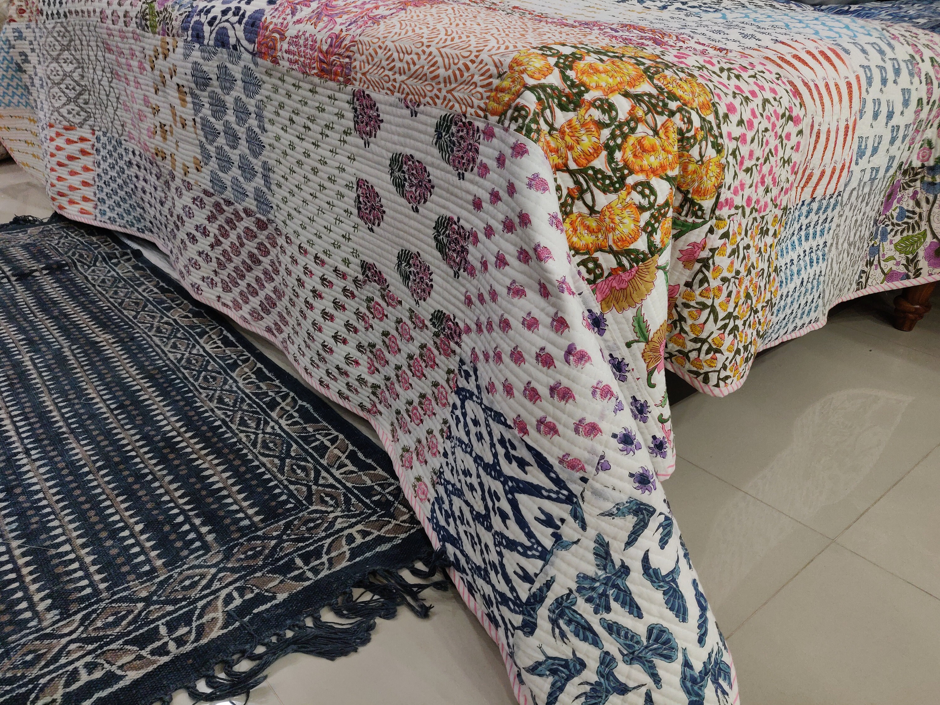 Hand Block Print Patchwork Quilted Bed Cover Twin Size Hand - Etsy