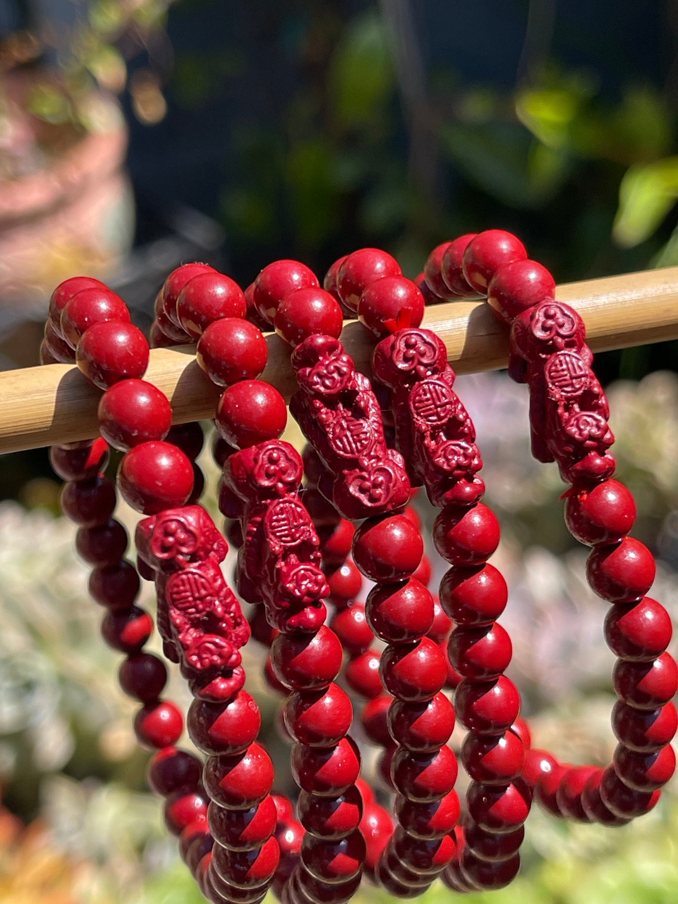 Red Pixiu Cinnabar Beaded Stretchy Bracelet Feng Shui Bracelet Charm ...