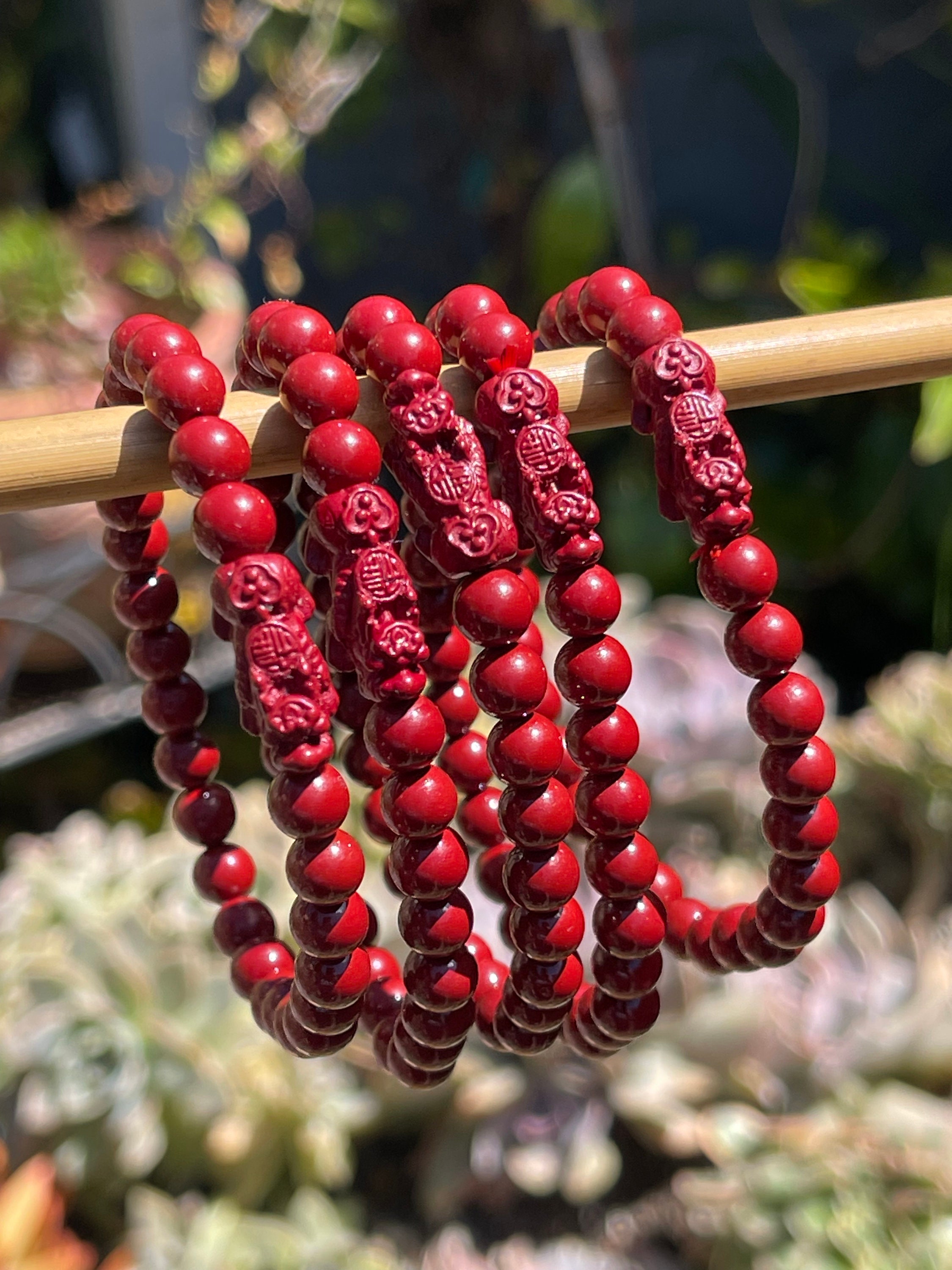 Red Pixiu Cinnabar Beaded Stretchy Bracelet Feng Shui Bracelet Charm ...