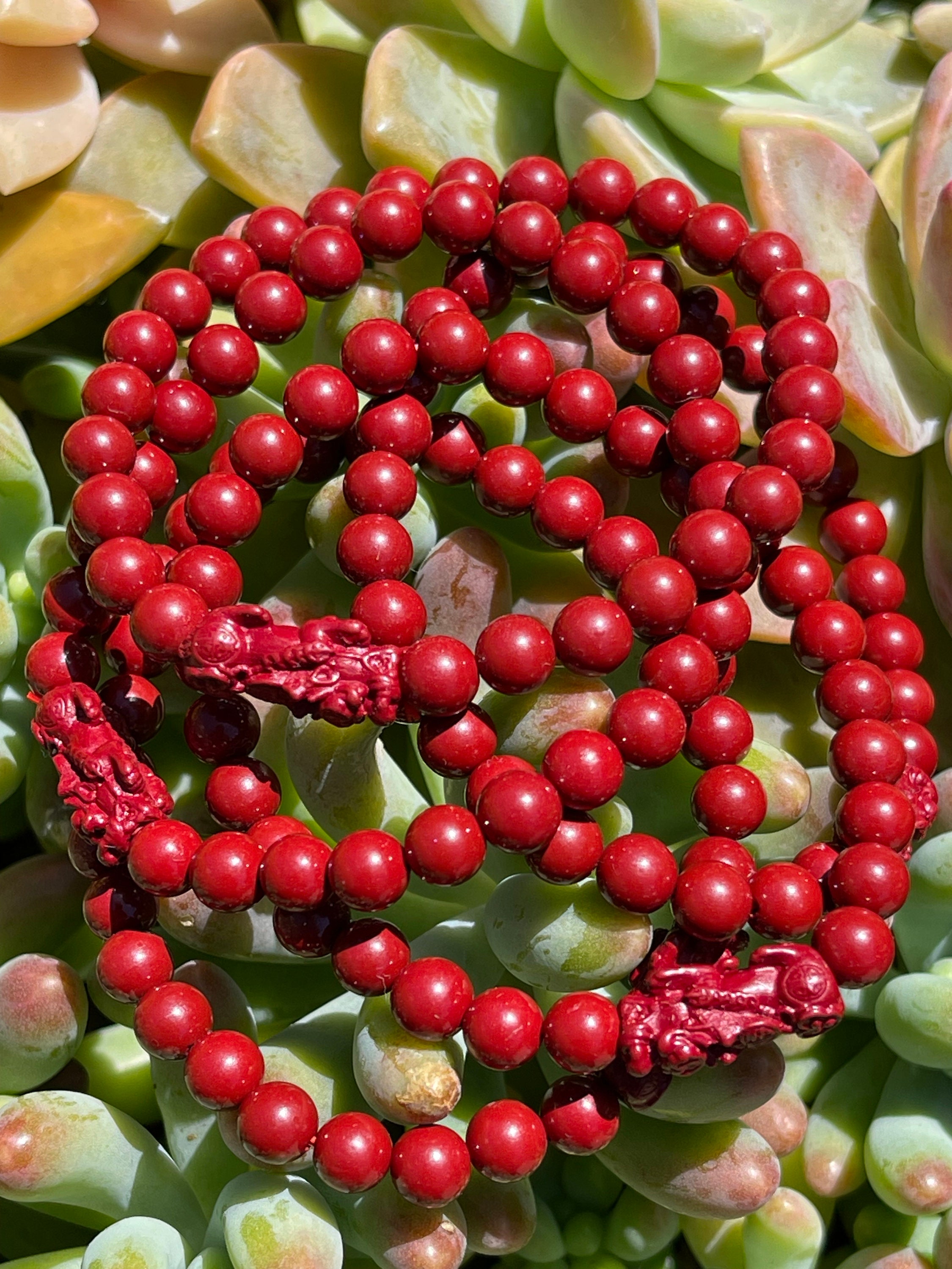 Red Pixiu Cinnabar Beaded Stretchy Bracelet Feng Shui Bracelet Charm ...