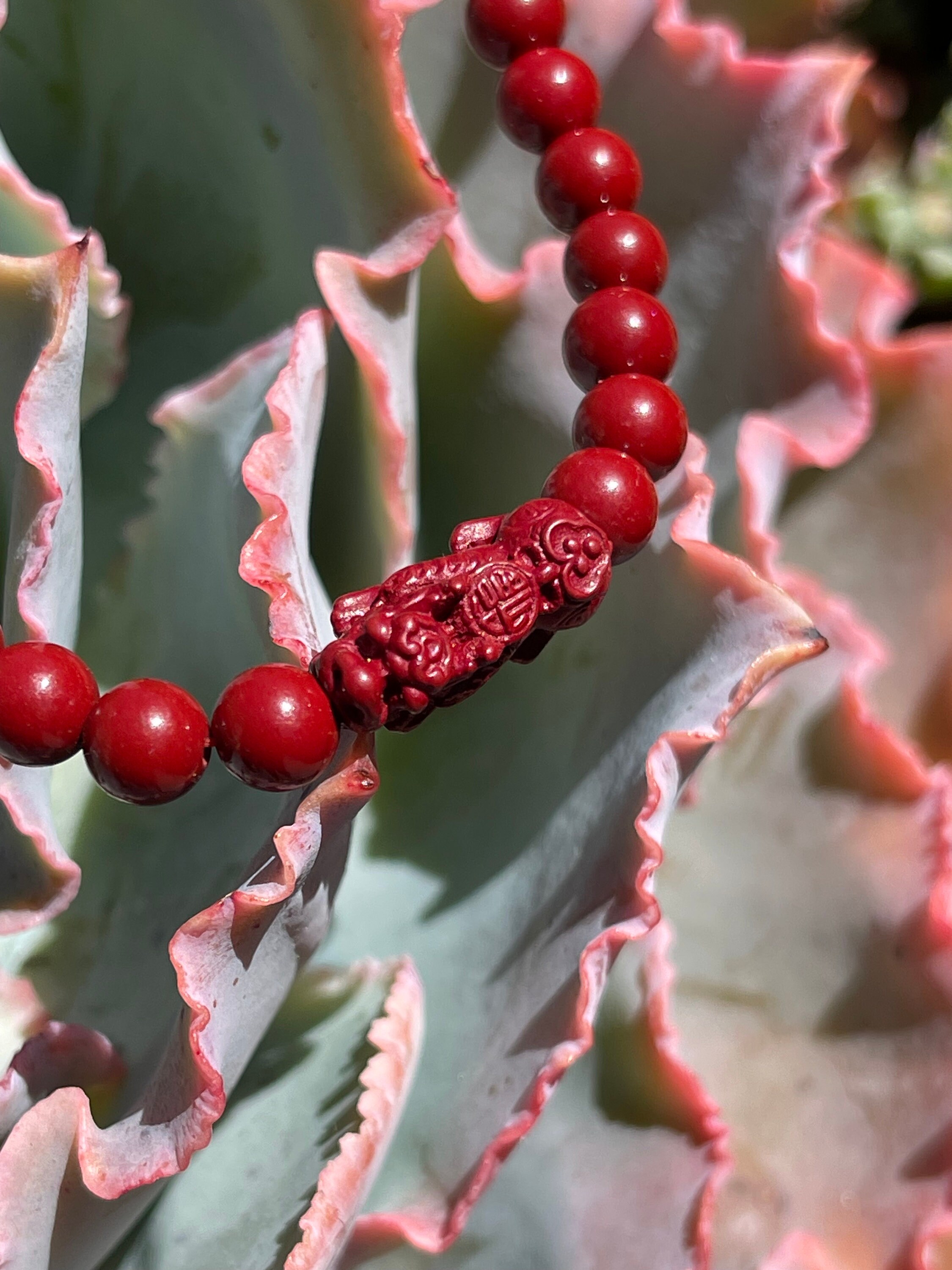 Red Pixiu Cinnabar Beaded Stretchy Bracelet Feng Shui Bracelet Charm ...