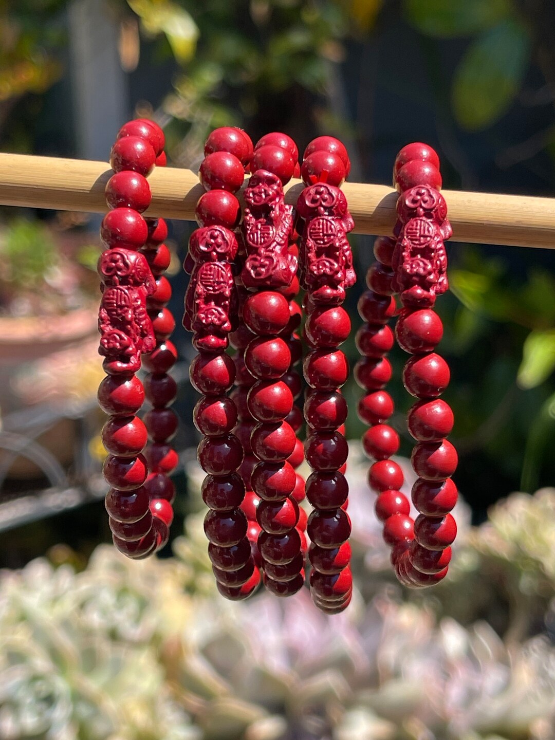 Red Pixiu Cinnabar Beaded Stretchy Bracelet Feng Shui Bracelet Charm ...
