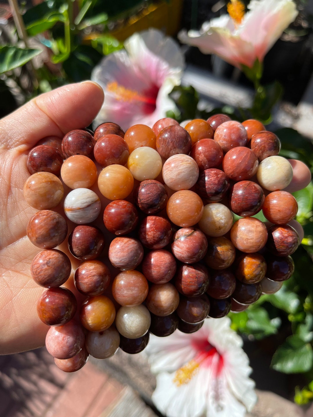 Red Moonstone Bracelet 12-13mm Beaded Stretchy Bracelet Natural ...