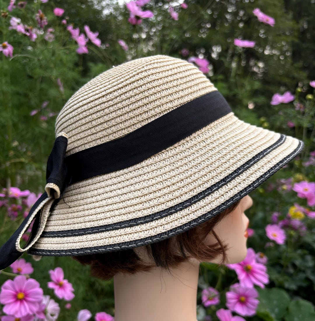 Vintage-look One-of-a-kind Woven Tea Party Sun Hat With Black Grosgrain ...