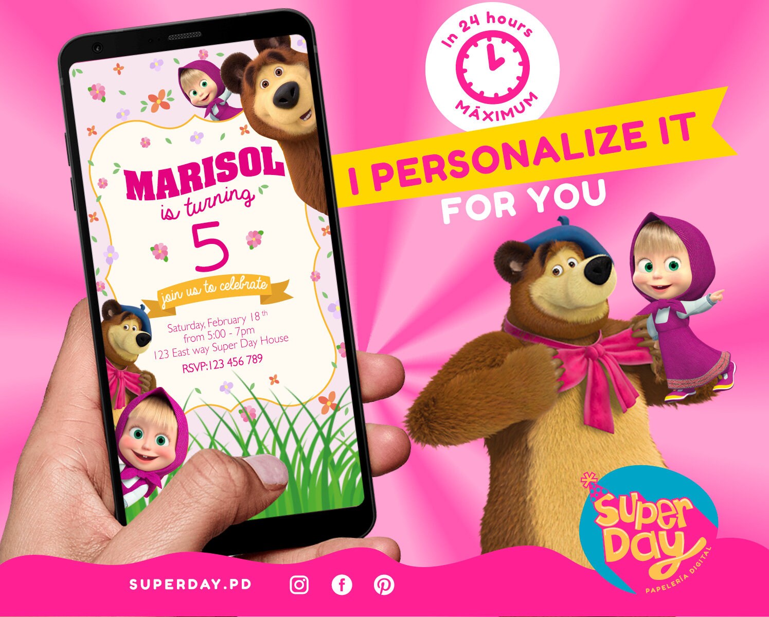Invitación Masha y el Oso Invitación digital Invitación virtual masha y ...