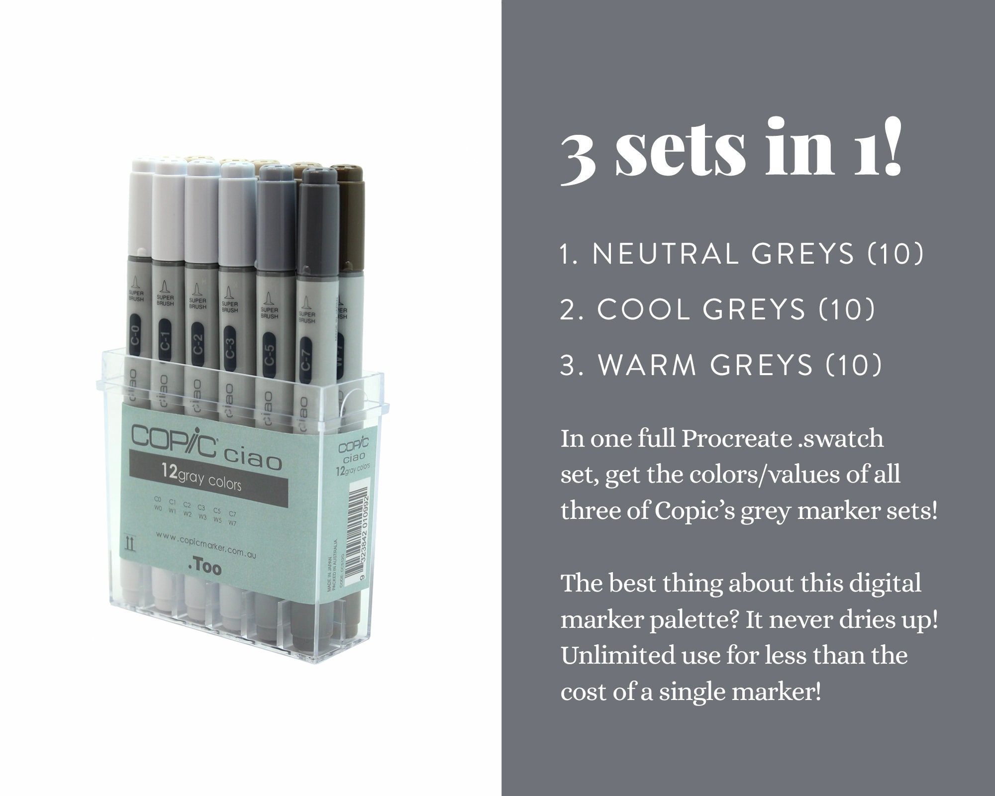 Procreate Color Palette Copic Marker Swatch Grey Value Scale 30 Greys ...