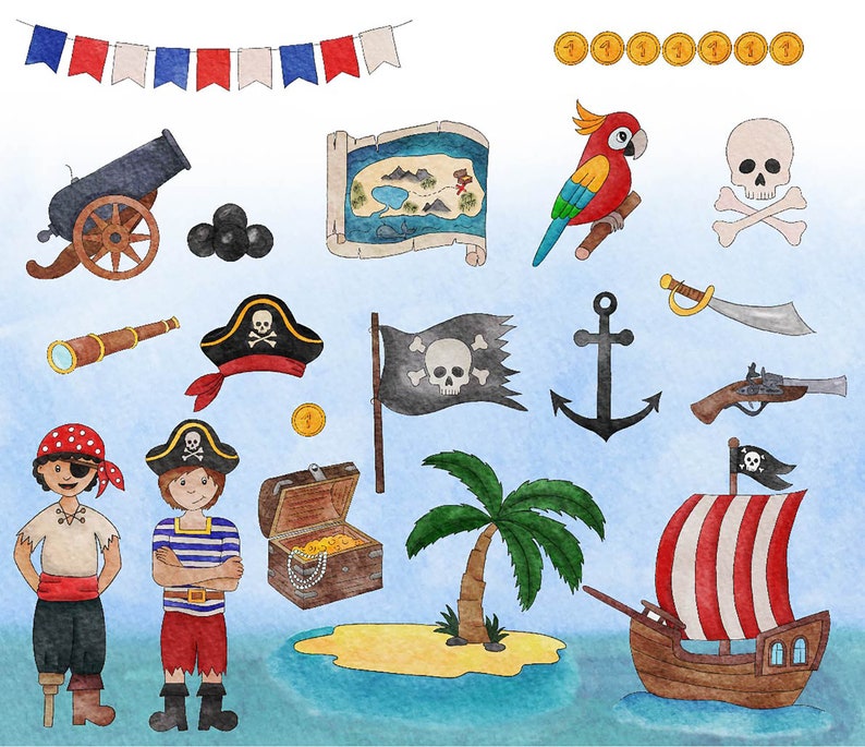 Pirate Clipart Watercolor Hand-drawn Children's Birthday - Etsy