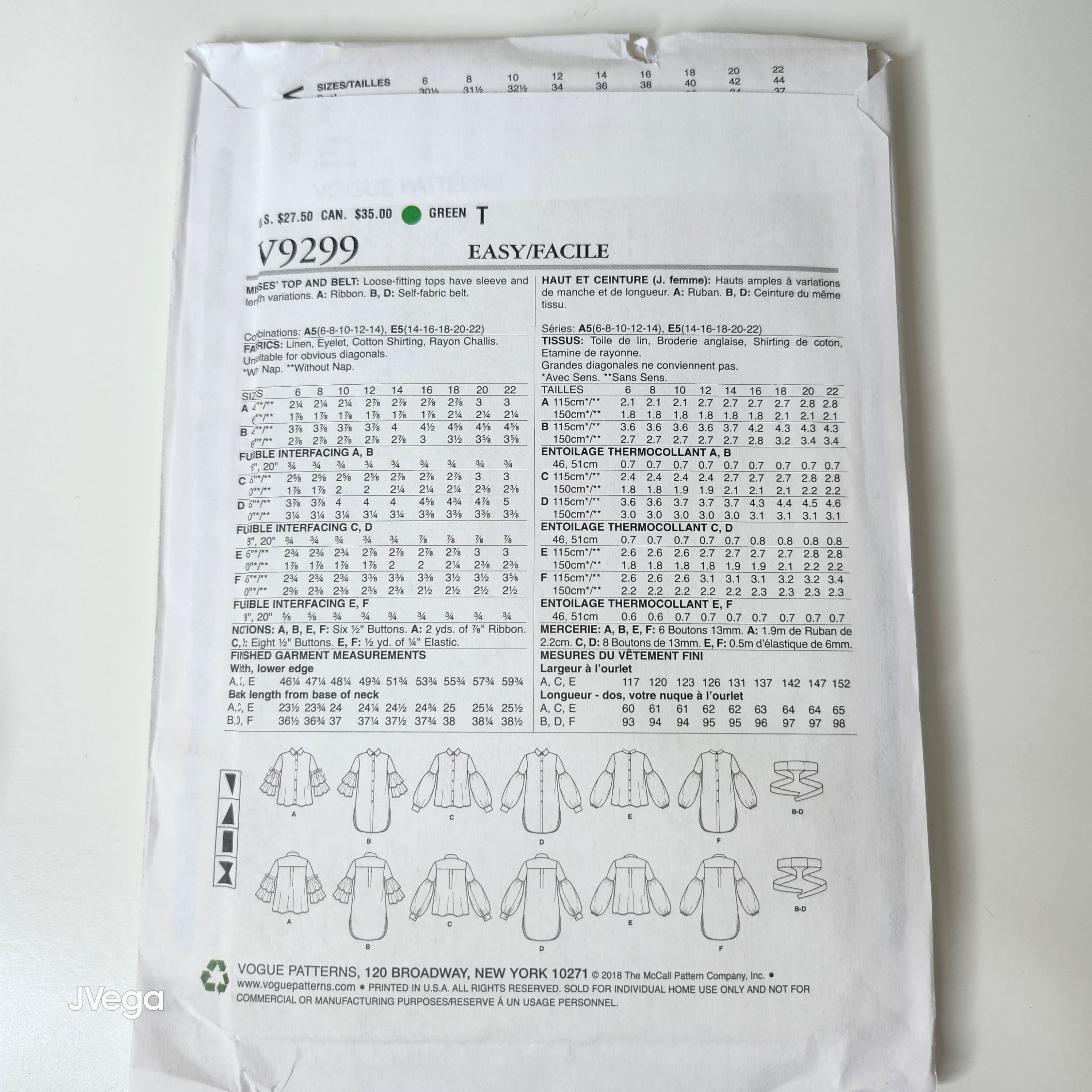 V9299 Top and Belt Sewing Pattern, Size 14 22, Uncut, Factory Folded - Etsy