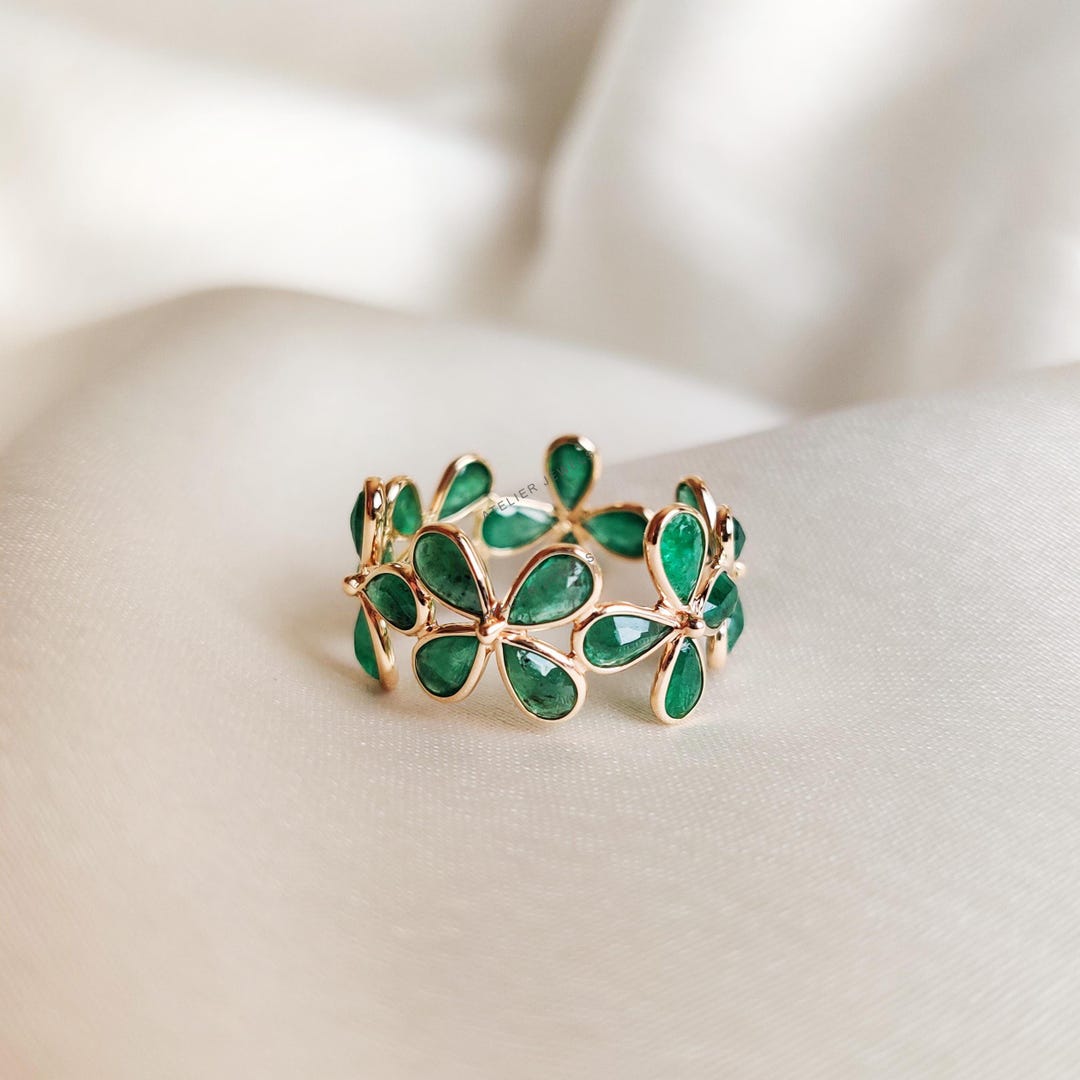 Natural Emerald Flower Eternity Ring, 14K Solid Yellow Gold, May ...