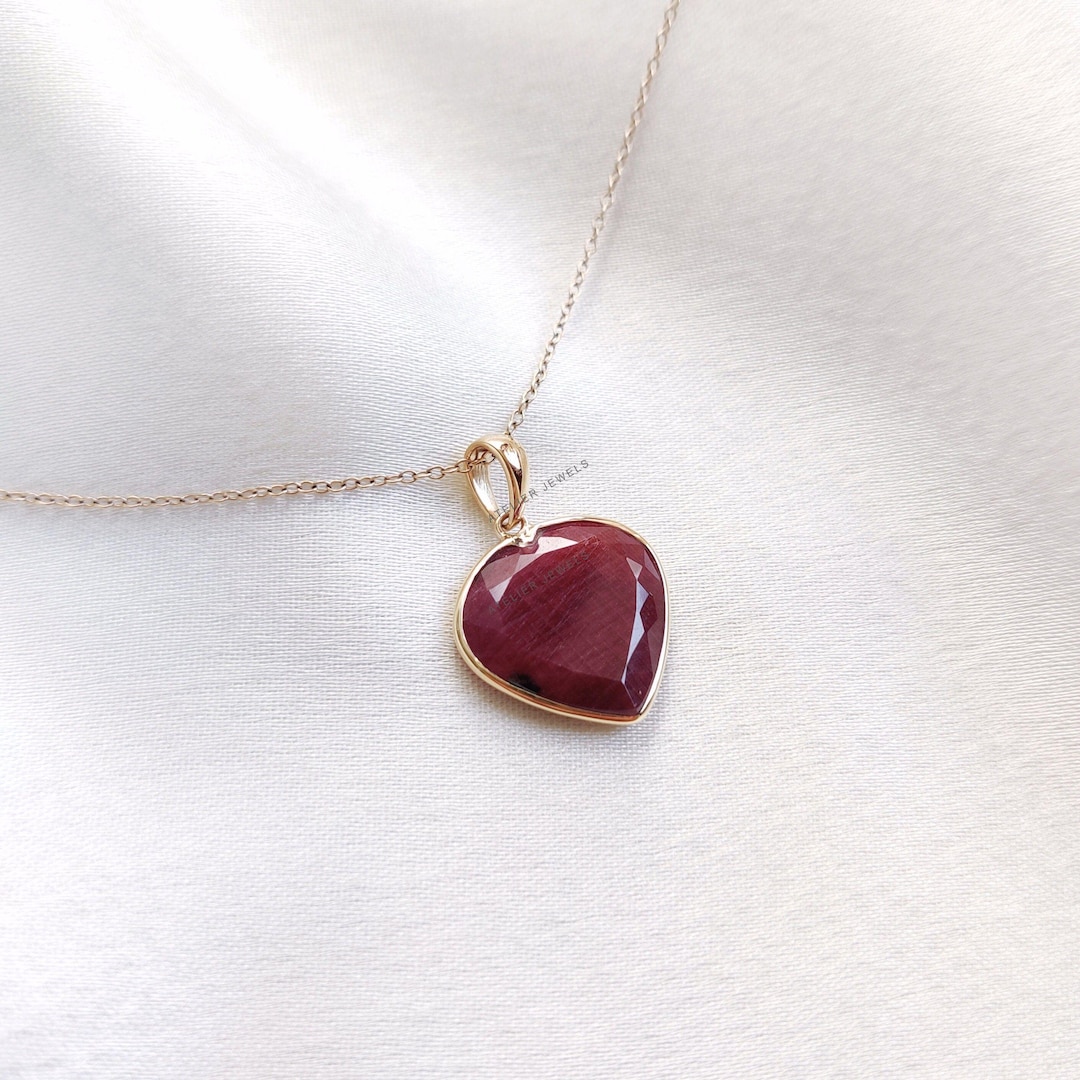 Natural Ruby Heart Pendant, 14K Solid Yellow Gold Ruby Pendant, July ...