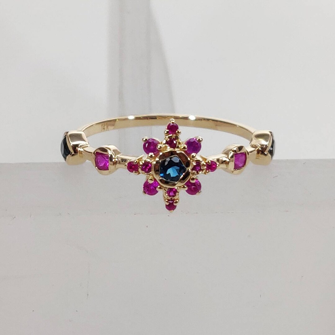 14K Gold Natural London Blue Topaz & Ruby Ring, Solid Yellow Gold Ring ...