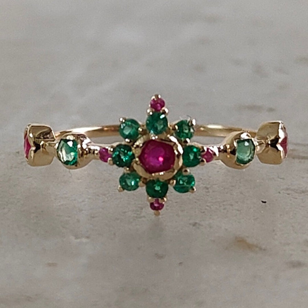 Natural Emerald & Ruby Ring, Statement Ring Set in 14K Solid Yellow Gold , Emerald and Ruby Ring ...
