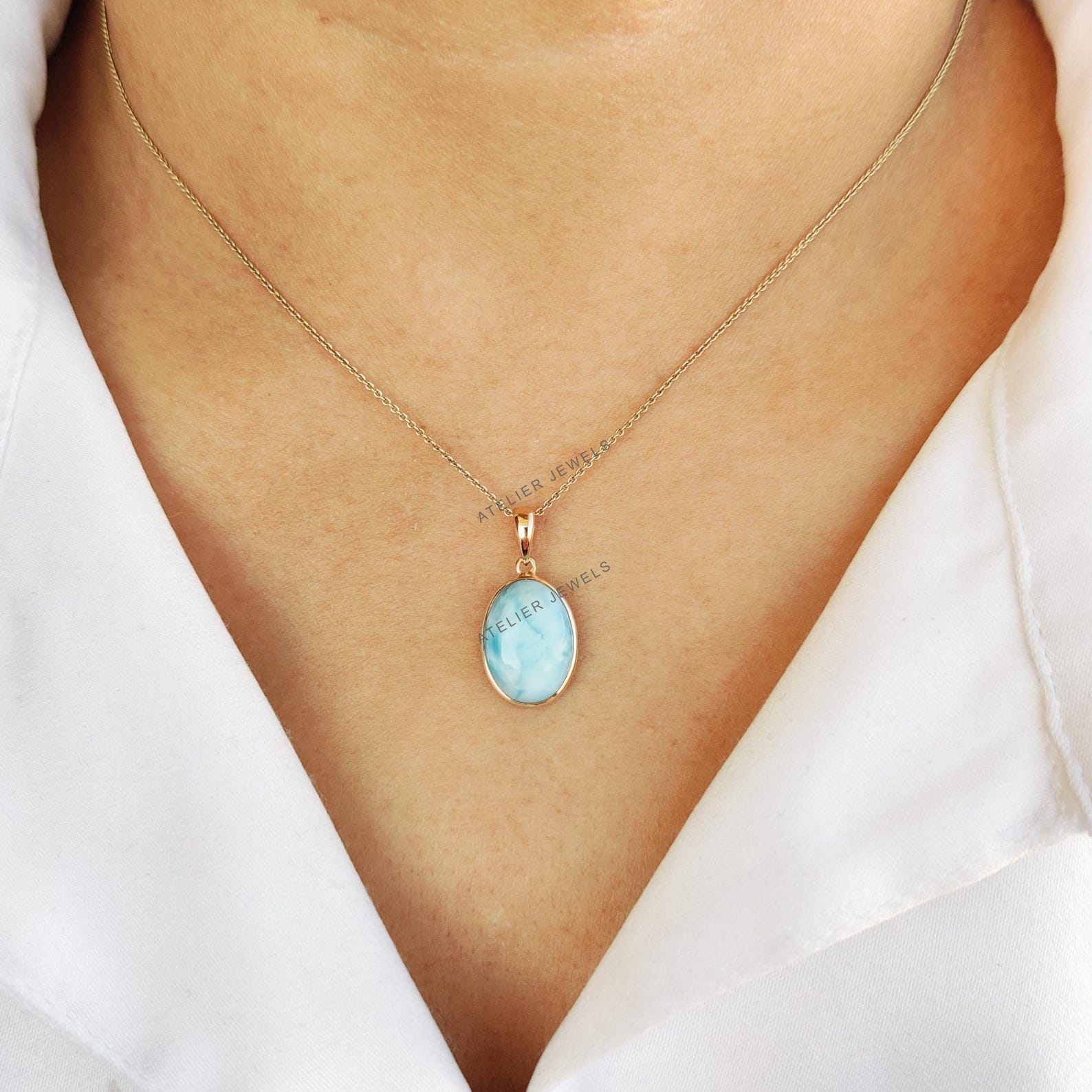Natural Larimar Pendant, 14K Solid Yellow Gold Larimar Pendant ...