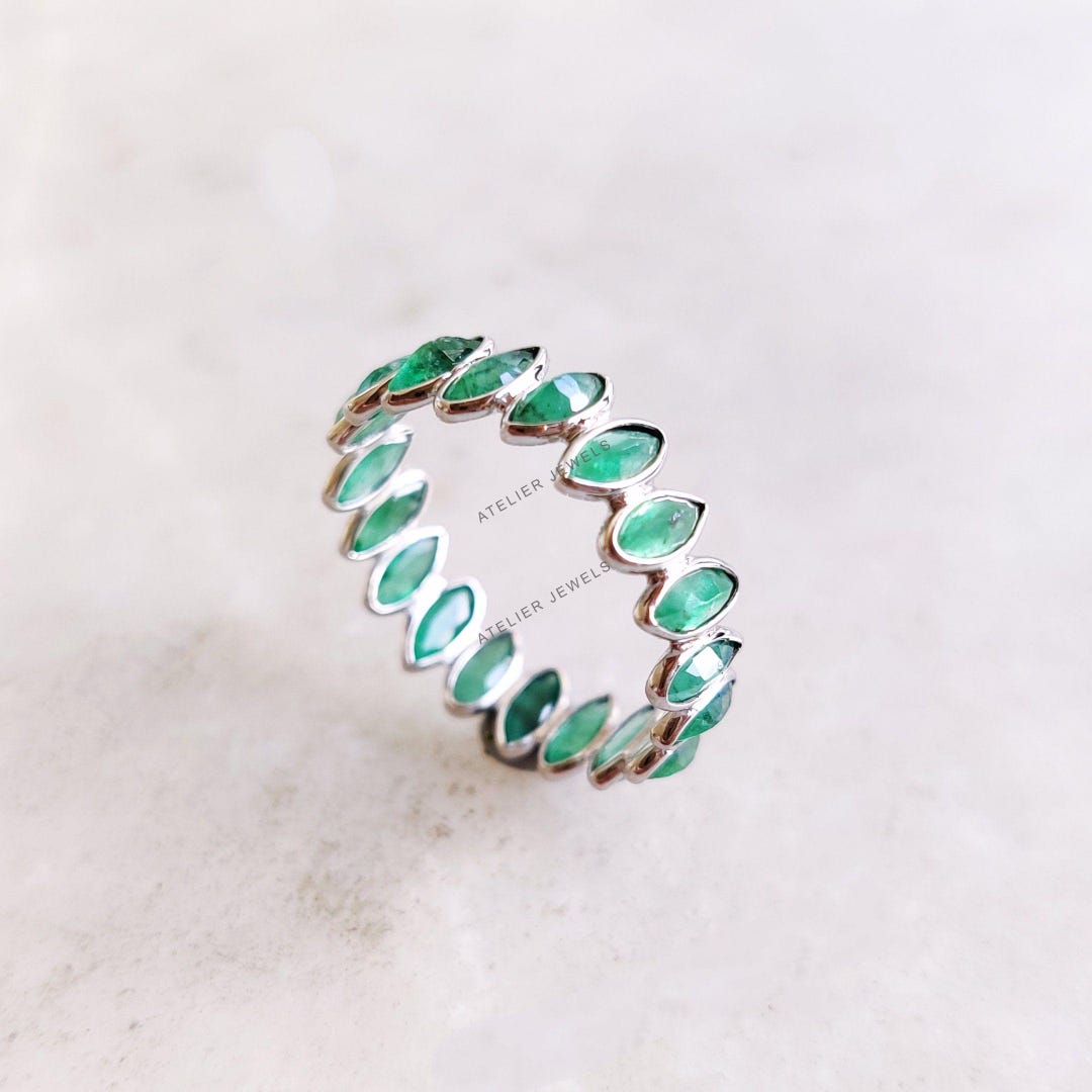 Natural Emerald Infinity Ring, 14K Solid White Gold Emerald Ring, May ...