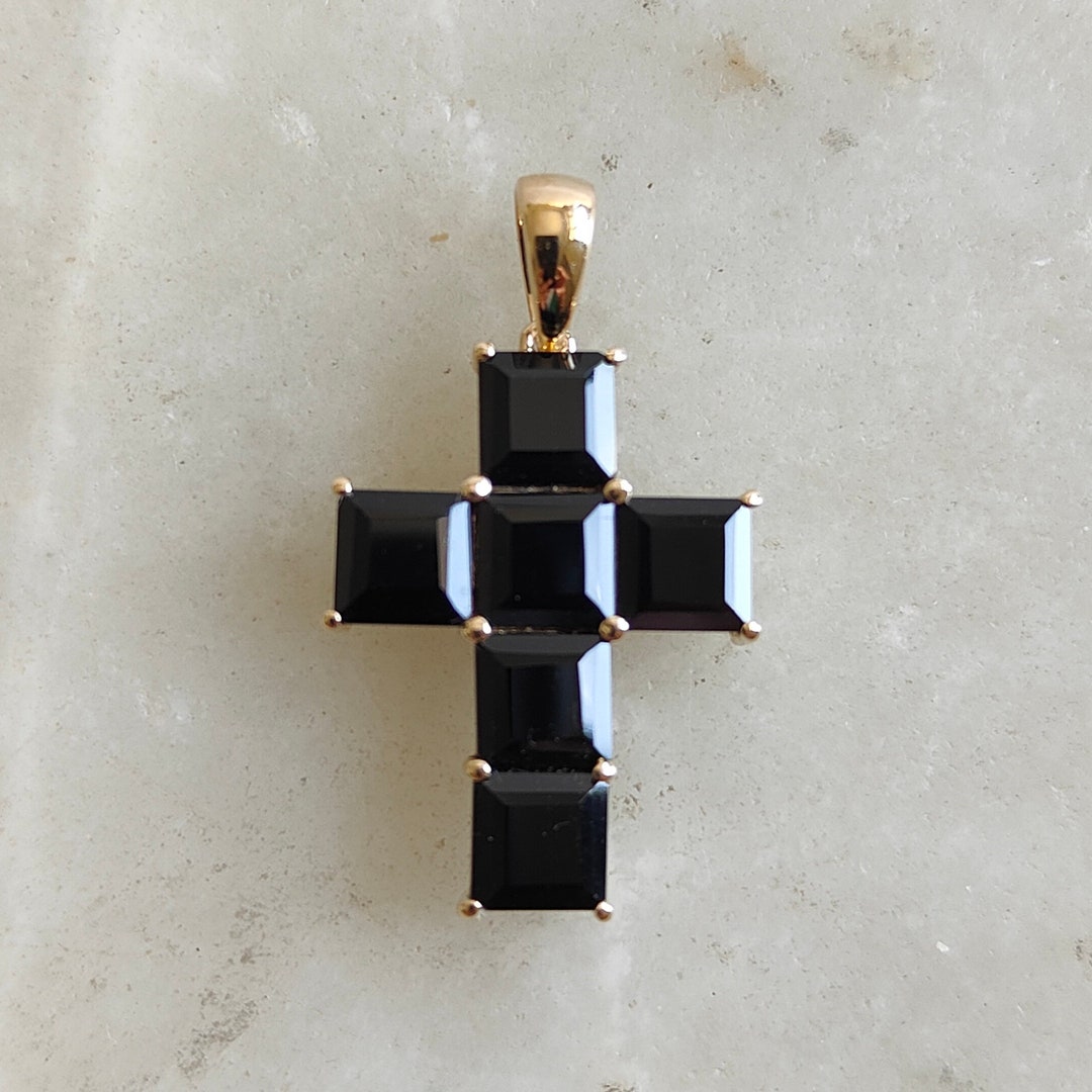 Natural Black Onyx Pendant, 14K Solid Yellow Gold Pendant, Dainty Cross ...