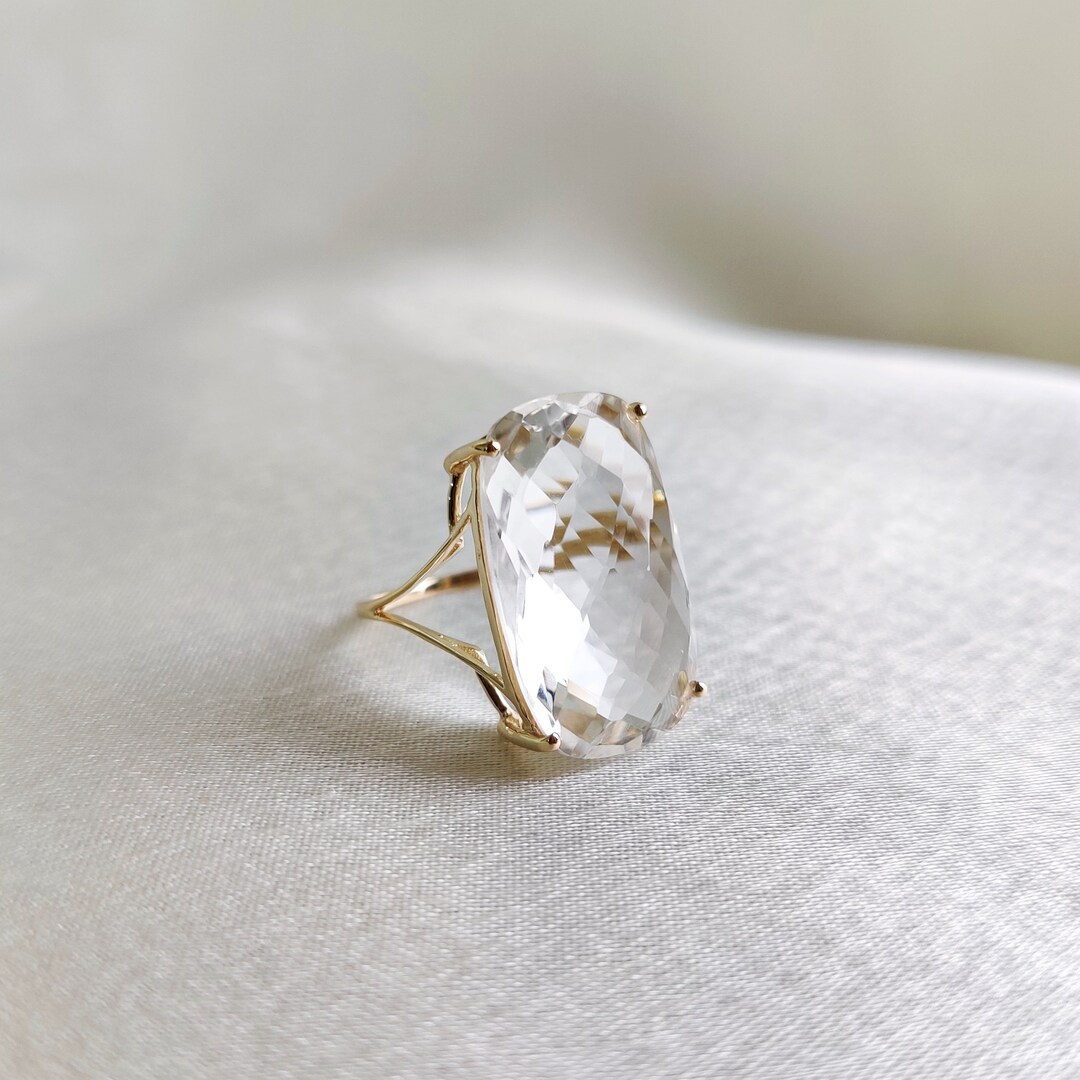 14K Gold Natural Clear Quartz Ring, Solid Yellow Gold Clear Quartz Ring ...