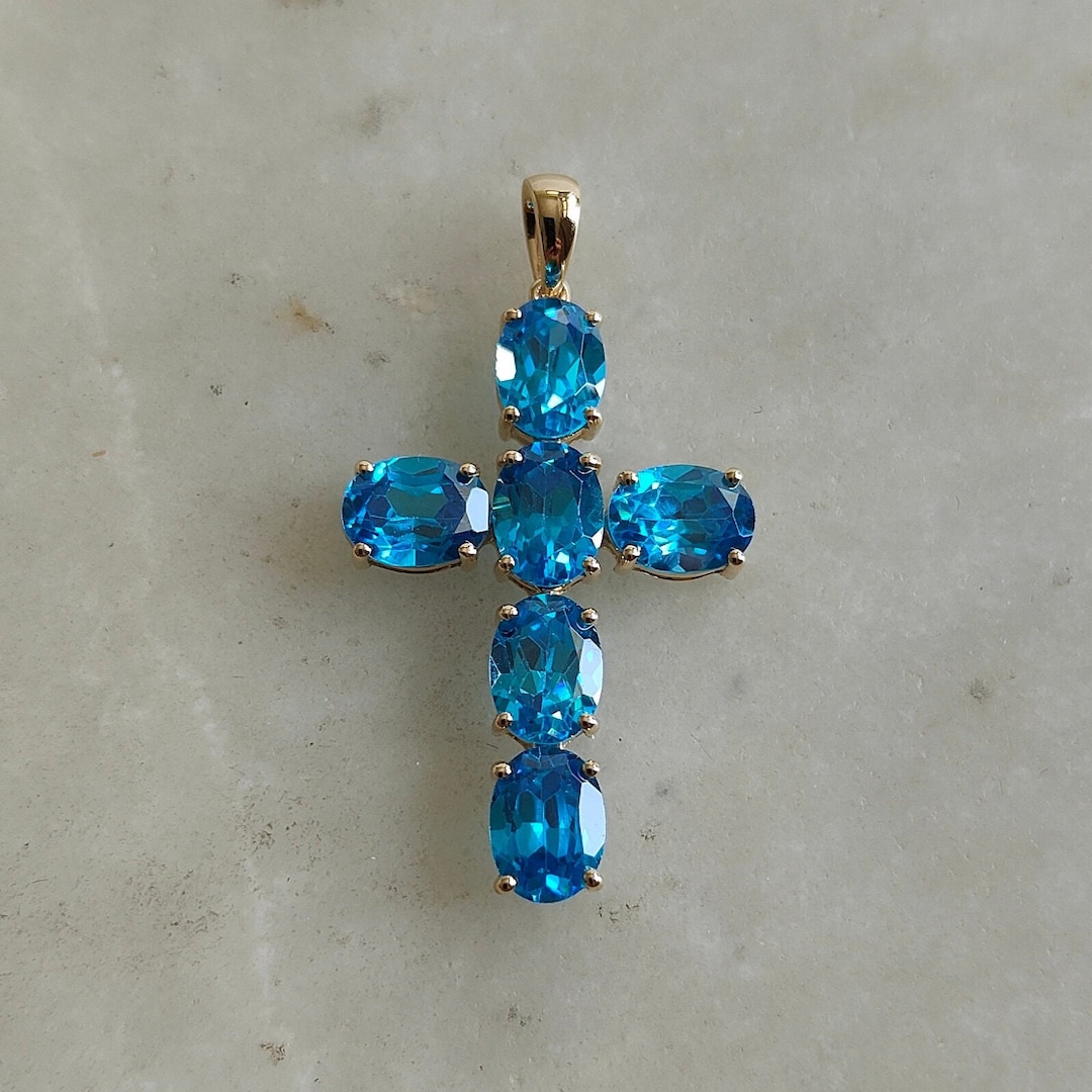 Natural Swiss Blue Topaz Pendant, 14K Solid Gold Swiss Blue Topaz Cross ...