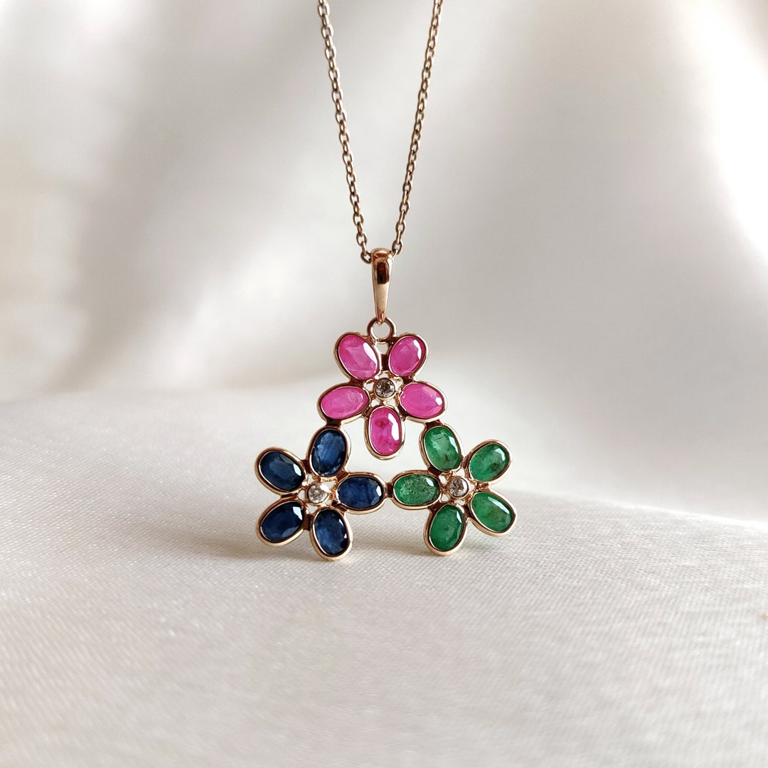 Natural Ruby, Emerald & Blue Sapphire Pendant, Solid Yellow Gold ...