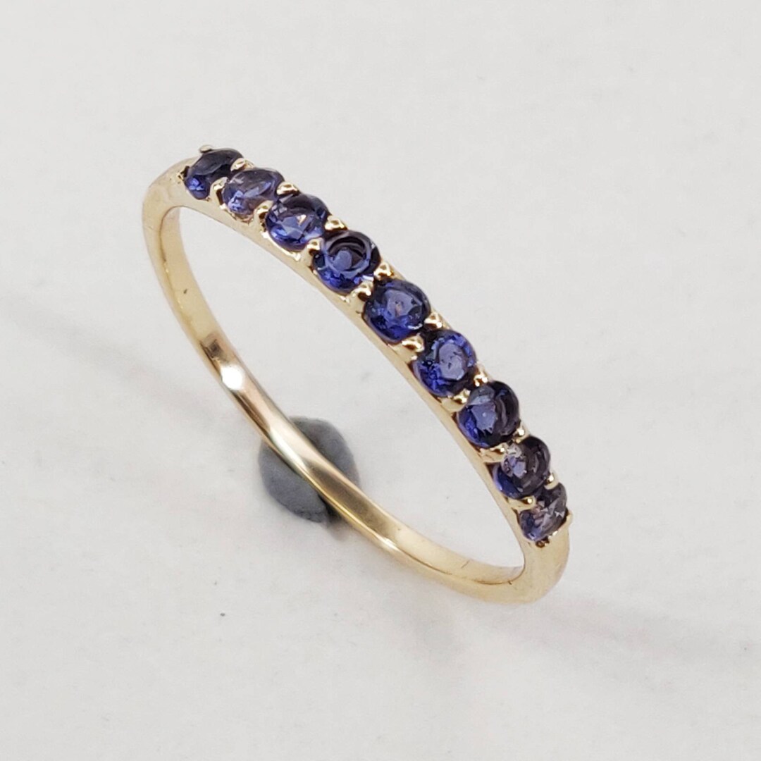 14K Solid Yellow Gold Iolite Ring, Iolite Half Eternity Ring, September ...