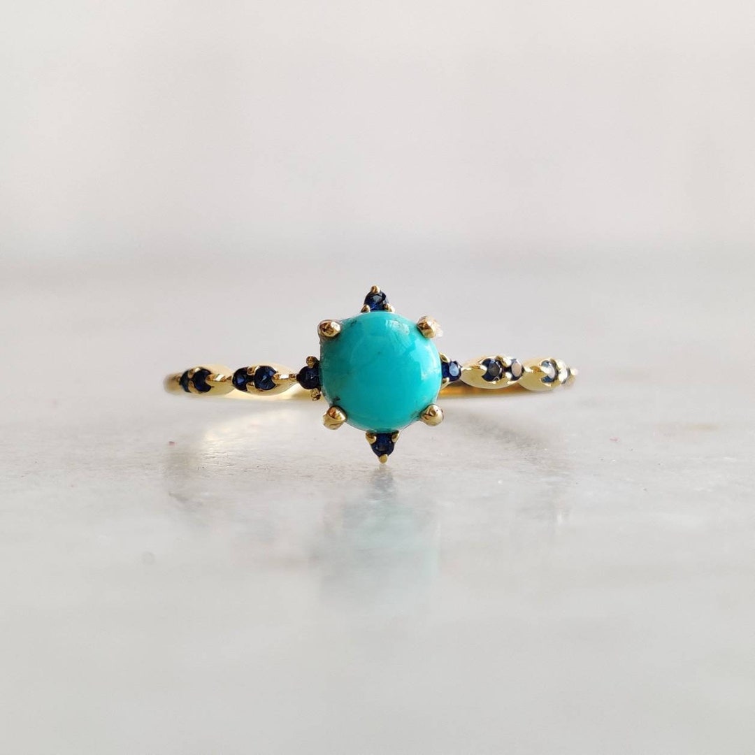 Natural Sleeping Beauty Turquoise & Blue Sapphire Ring, 14K Solid ...
