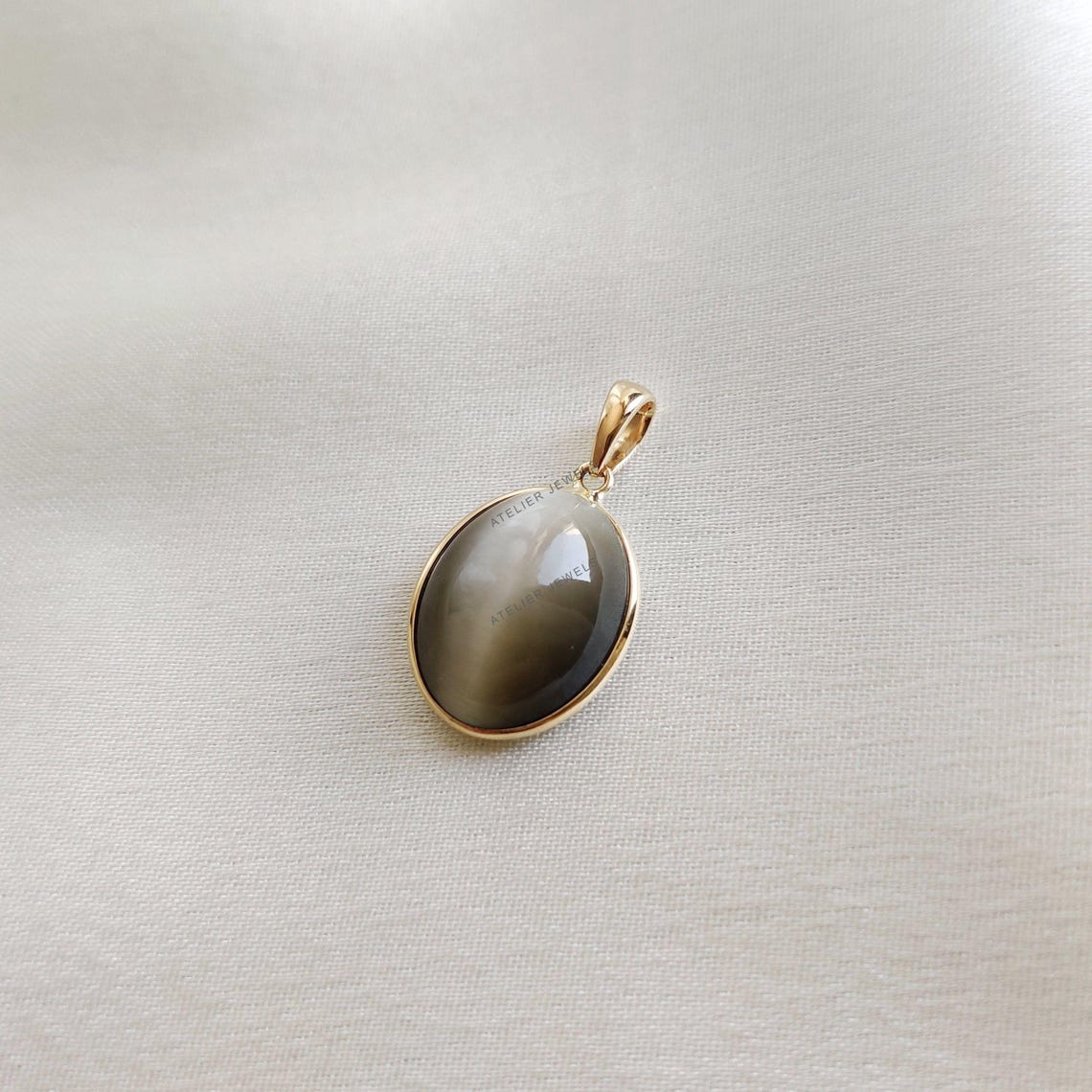 14K Solid Yellow Gold Natural Cats Eye Bezel Pendant, June Birthstone ...