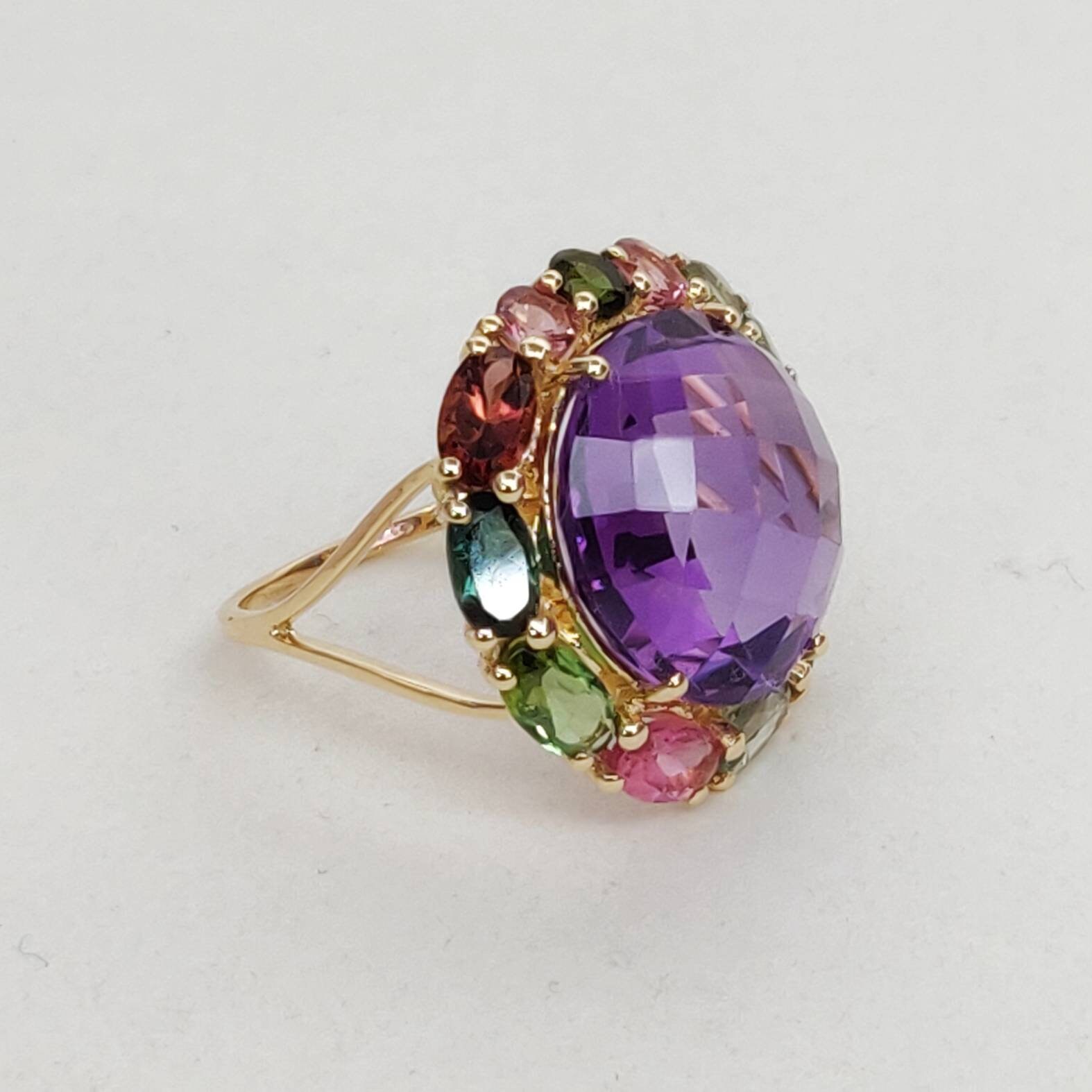 14K Yellow Solid Gold Gemstone Ring Natural Multi Tourmaline - Etsy