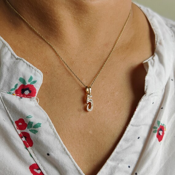 14K Solid Gold Charm Pendant 5 Number Charm Diamond Pendant Necklace Solid Gold Diamond Pendant Numerical Pendant No 5 Birthday Gift