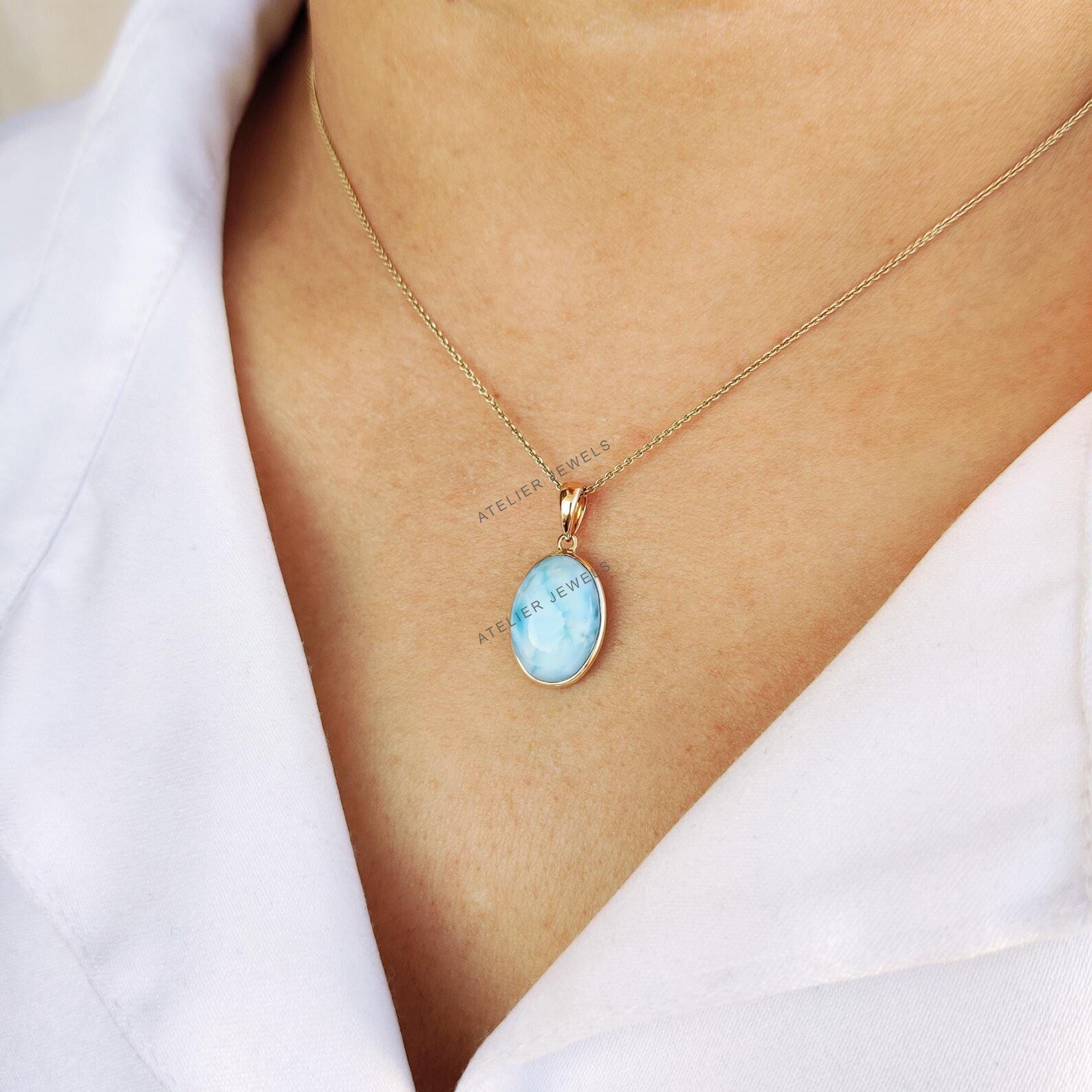 Natural Larimar Pendant, 14K Solid Yellow Gold Larimar Pendant ...