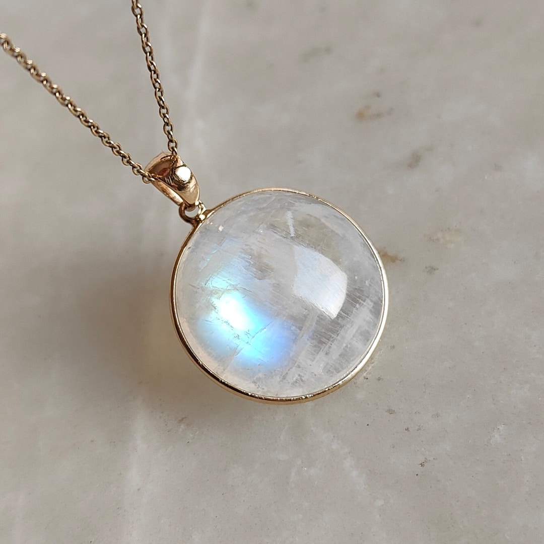 Natural Rainbow Moonstone Pendant, 14K Solid Gold Blue Moonstone ...