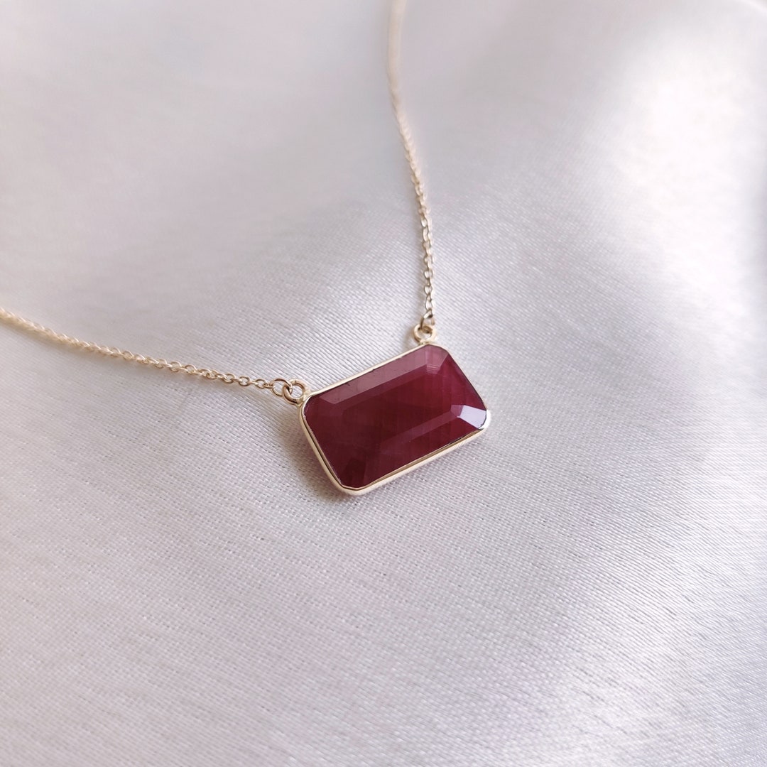 Natural Ruby Necklace, 14K Solid Yellow Gold Ruby Pendant, Ruby Bezel ...