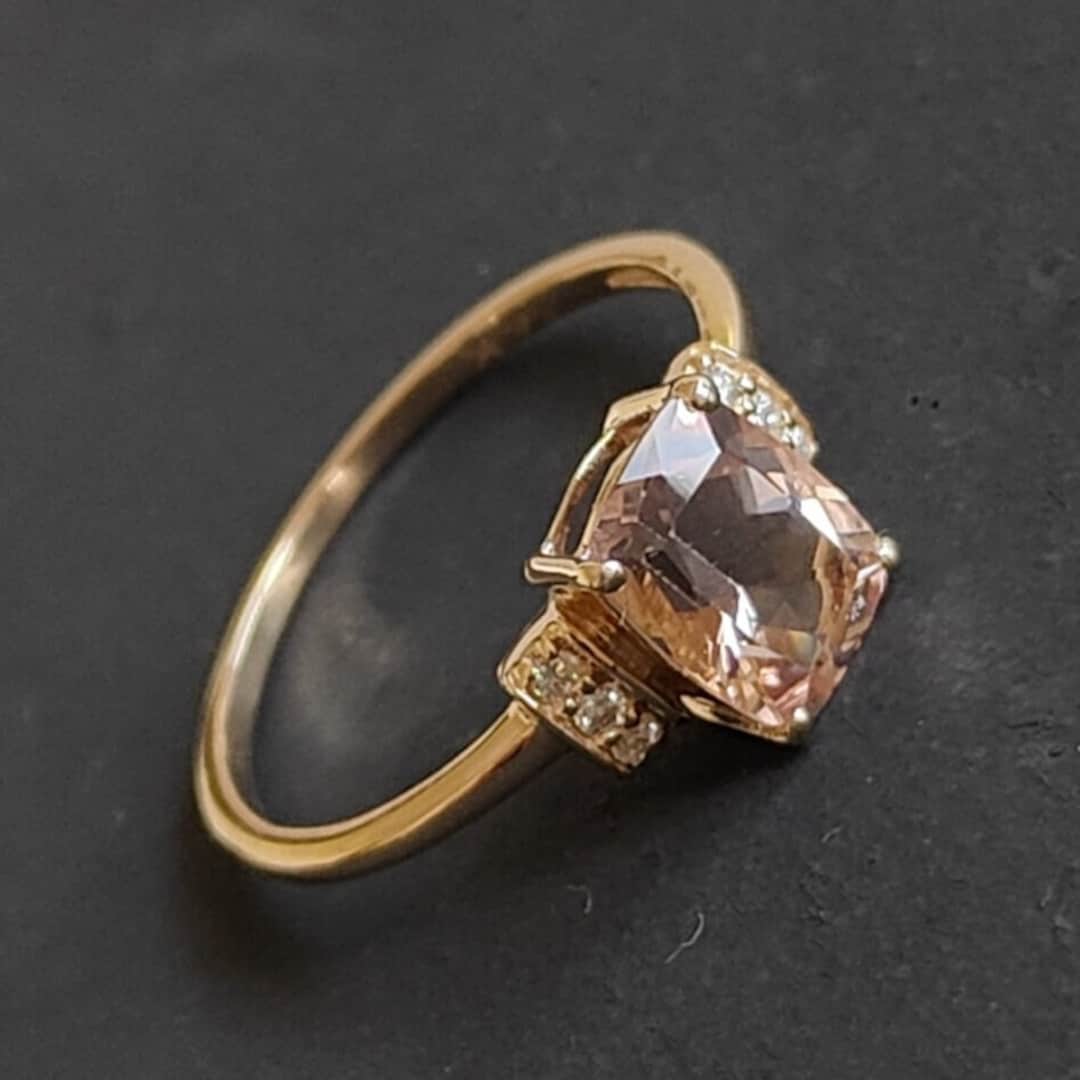 14K Gold Natural Morganite Ring, Natural Morganite Diamond 14K Solid ...