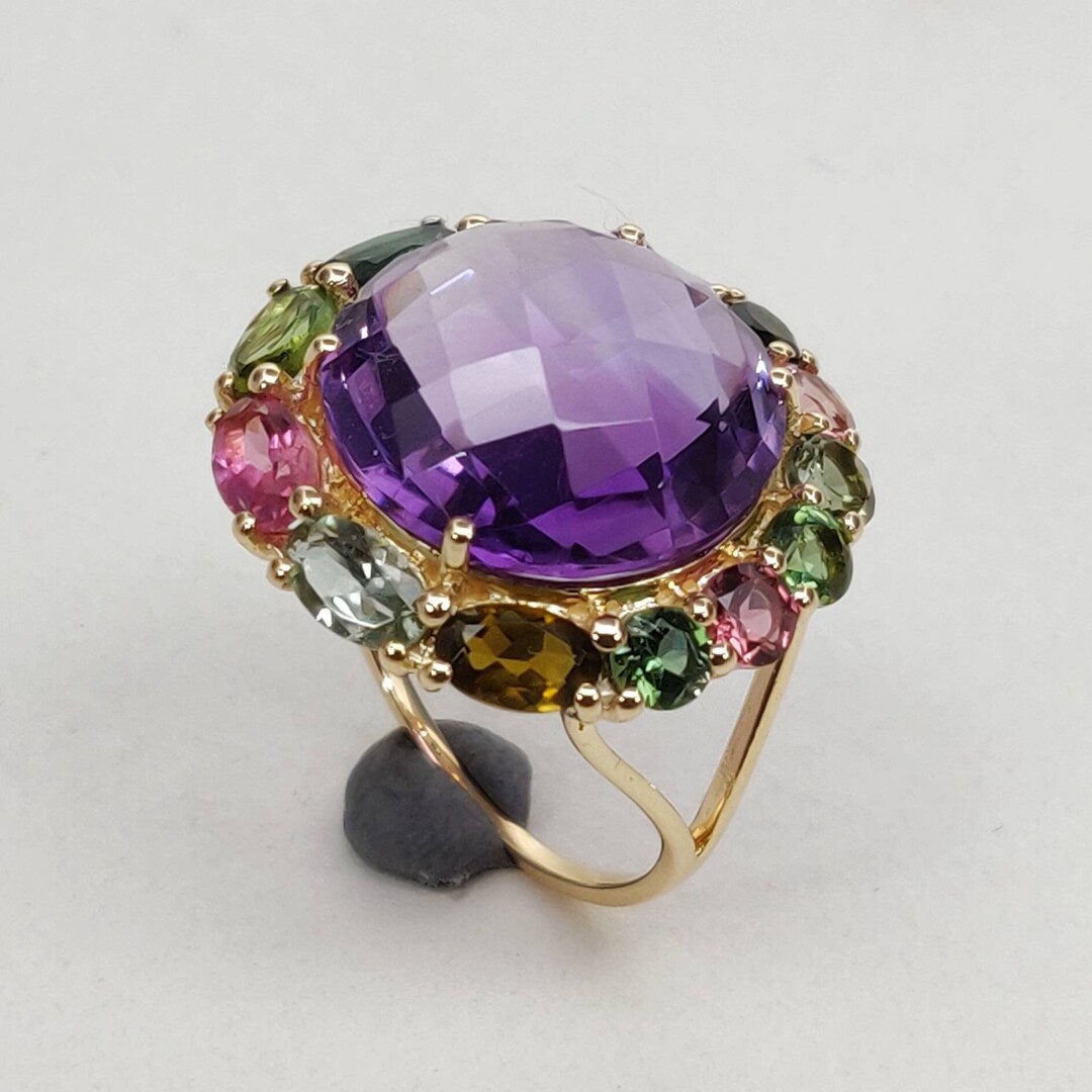 14K Yellow Solid Gold Gemstone Ring Natural Multi Tourmaline - Etsy