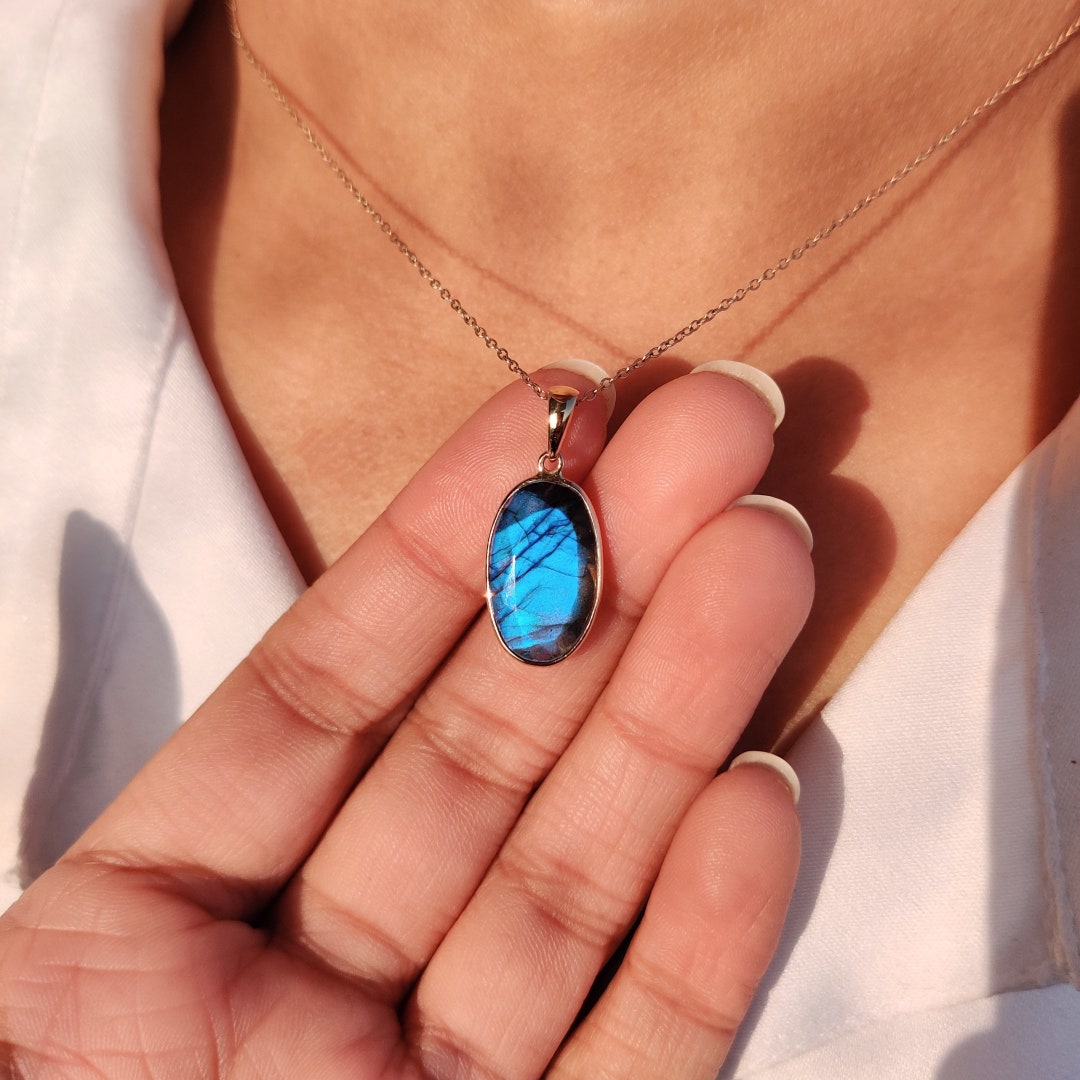 Natural Labradorite Pendant, 14K Solid Yellow Gold Pendant, Blue ...