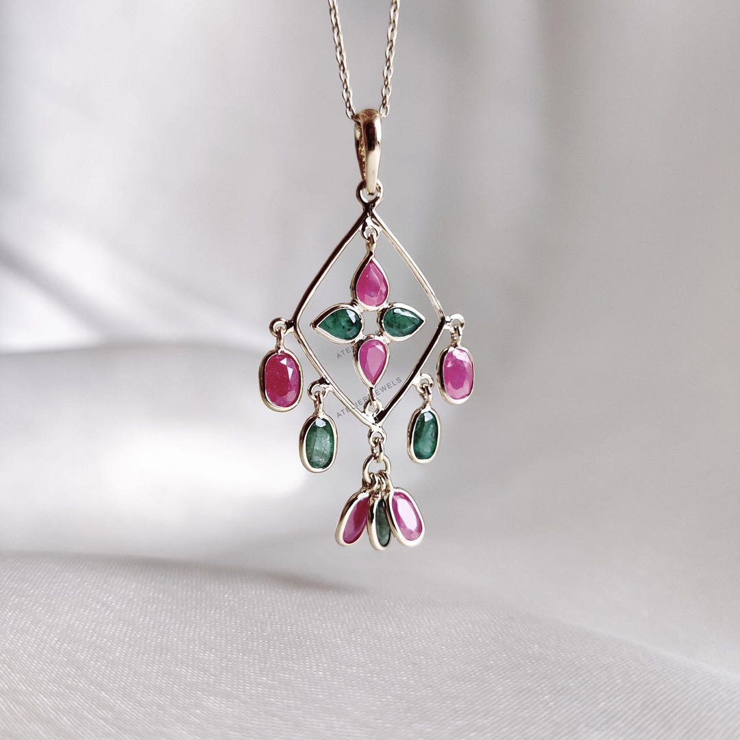 14K Yellow Gold Natural Ruby Emerald Pendant, Dainty Gemstone Necklace ...