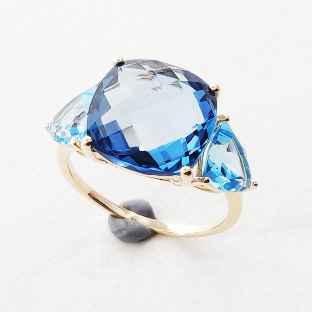 Anillo de topacio azul de oro amarillo natural de 14K, topacio azul de ...