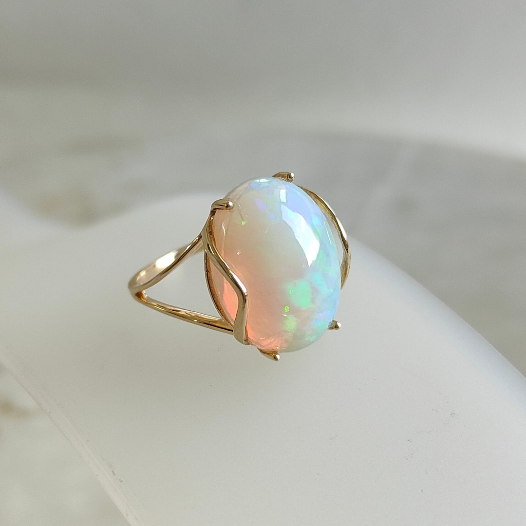 14K Gold Natural Opal Ring, Natural Ethiopian Opal 14K Yellow Gold Ring ...