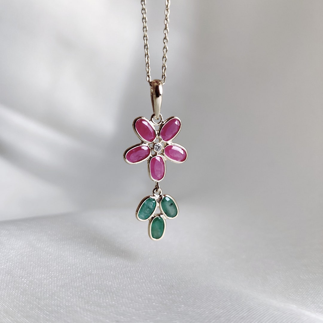 Natural Ruby, Emerald & Diamond Pendant, 14K Solid Yellow Gold Pendant ...